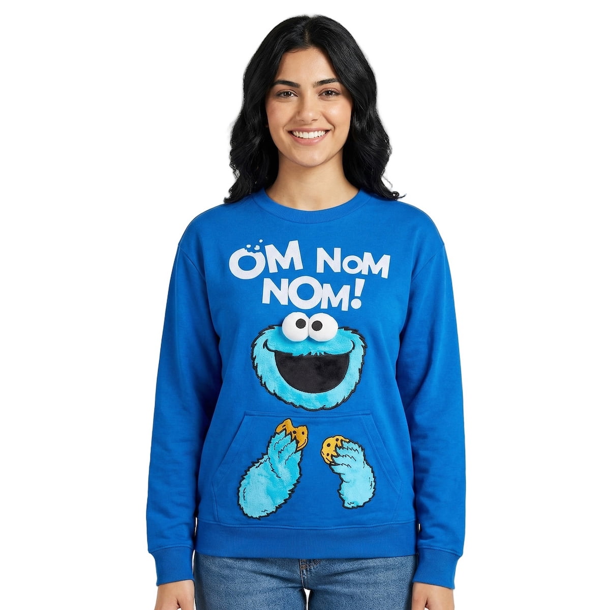 Sesame Street Cookie Monster Om Nom Nom Women's Blue Crew Neck Long ...