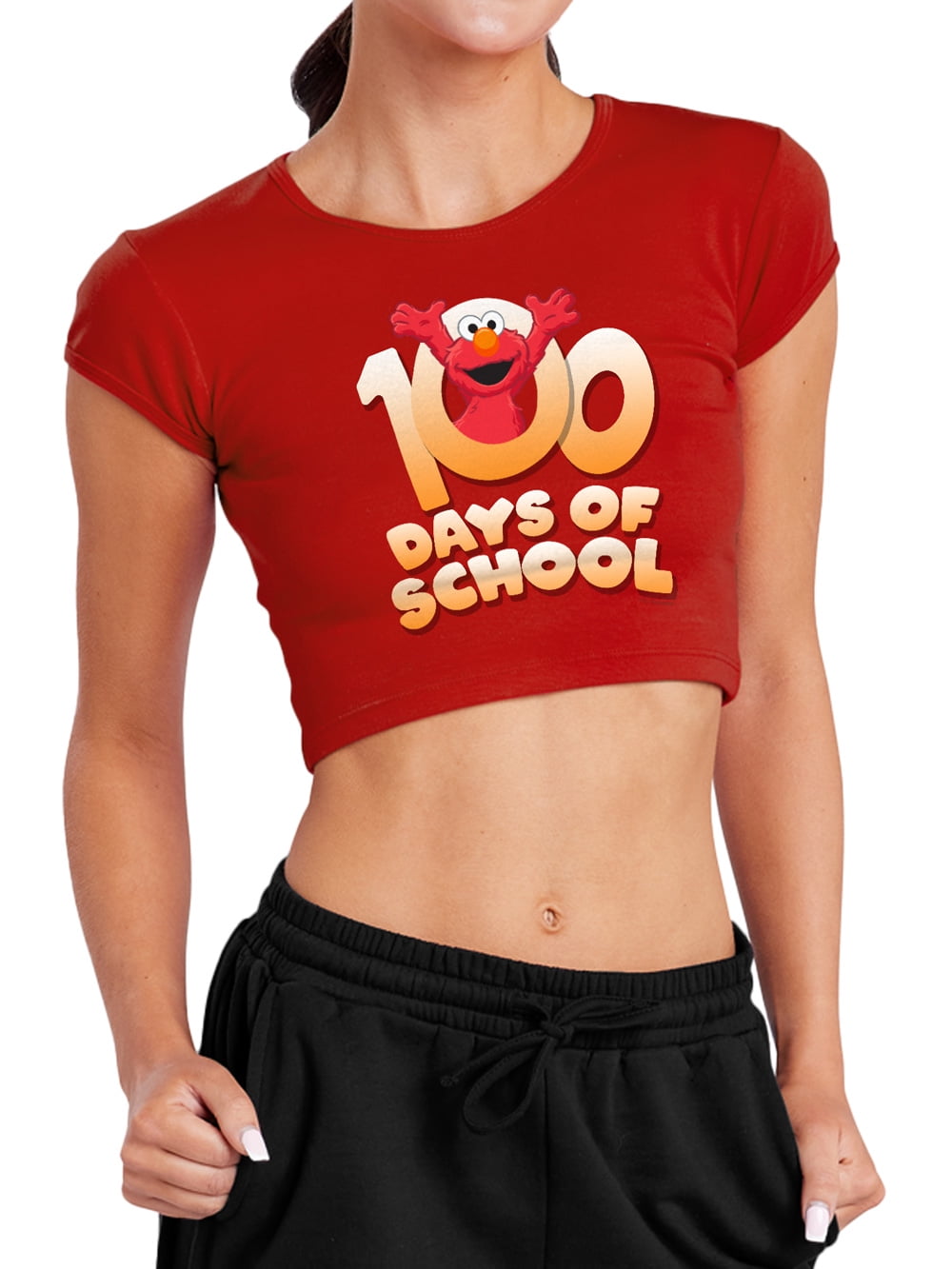 Sesame Street Elmo 100 Days Women's Cap Sleeve Baby Rib Crop Top, Red ...