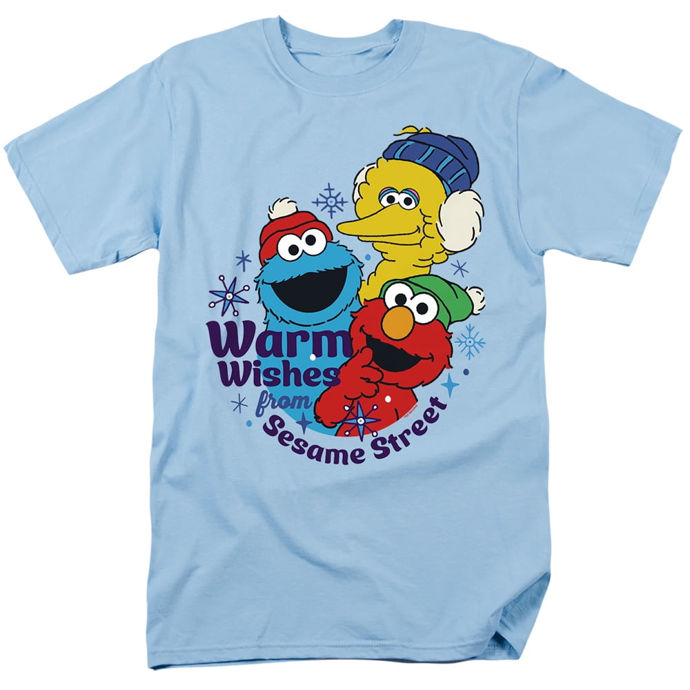 Sesame Street Elmo, Cookie Monster Warm Wishes For Christmas Unisex Adult T Shirt, Light Blue ...