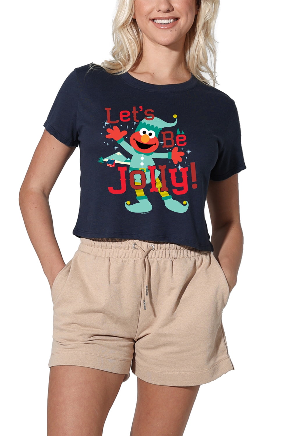 Sesame Street Elmo, Jolly Christmas Elf Women's Crop Top T-Shirt, Navy ...