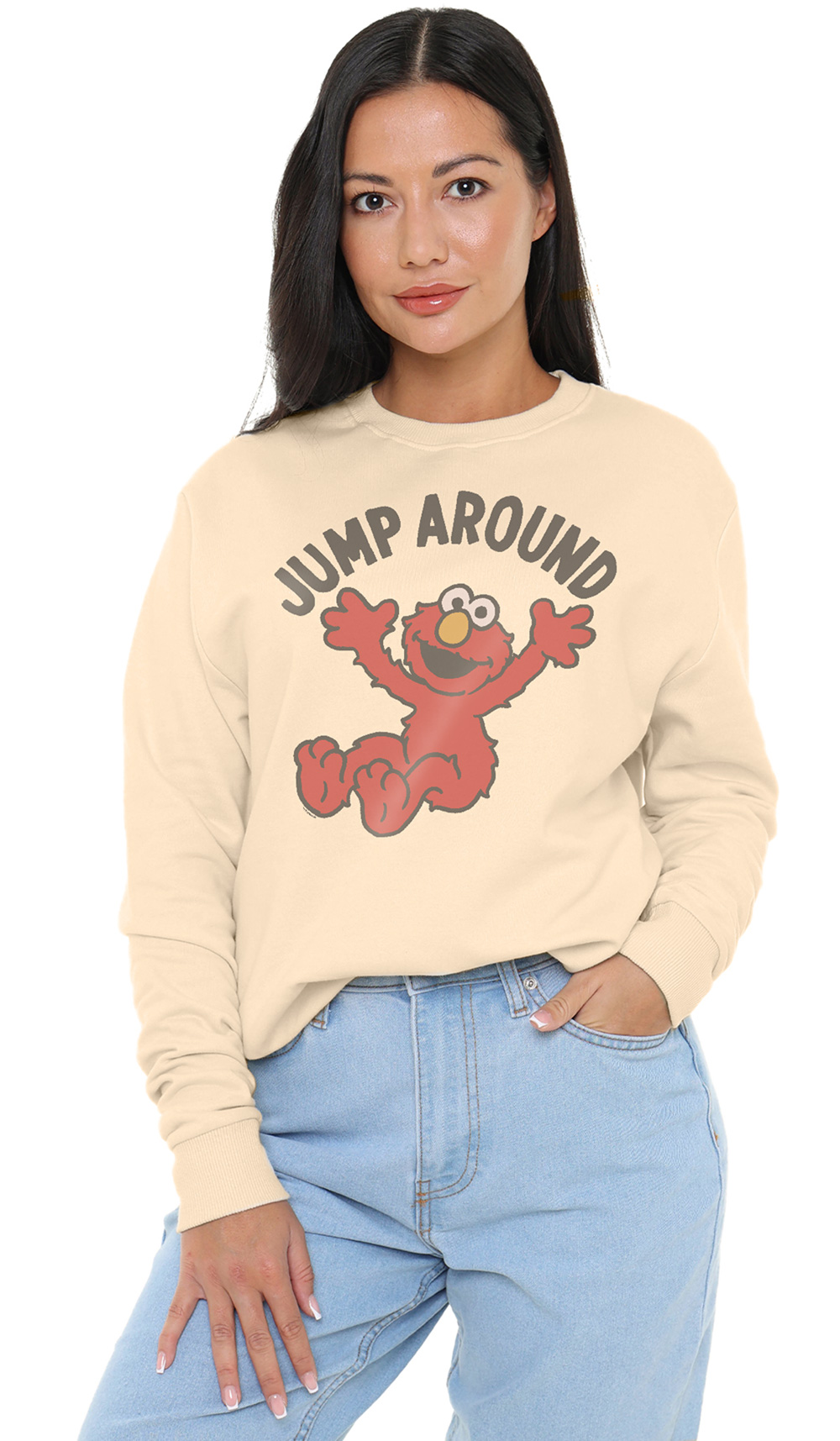 Sesame Street Elmo Jump Around Women's Crew Sweatshirt, Stone, Large ...