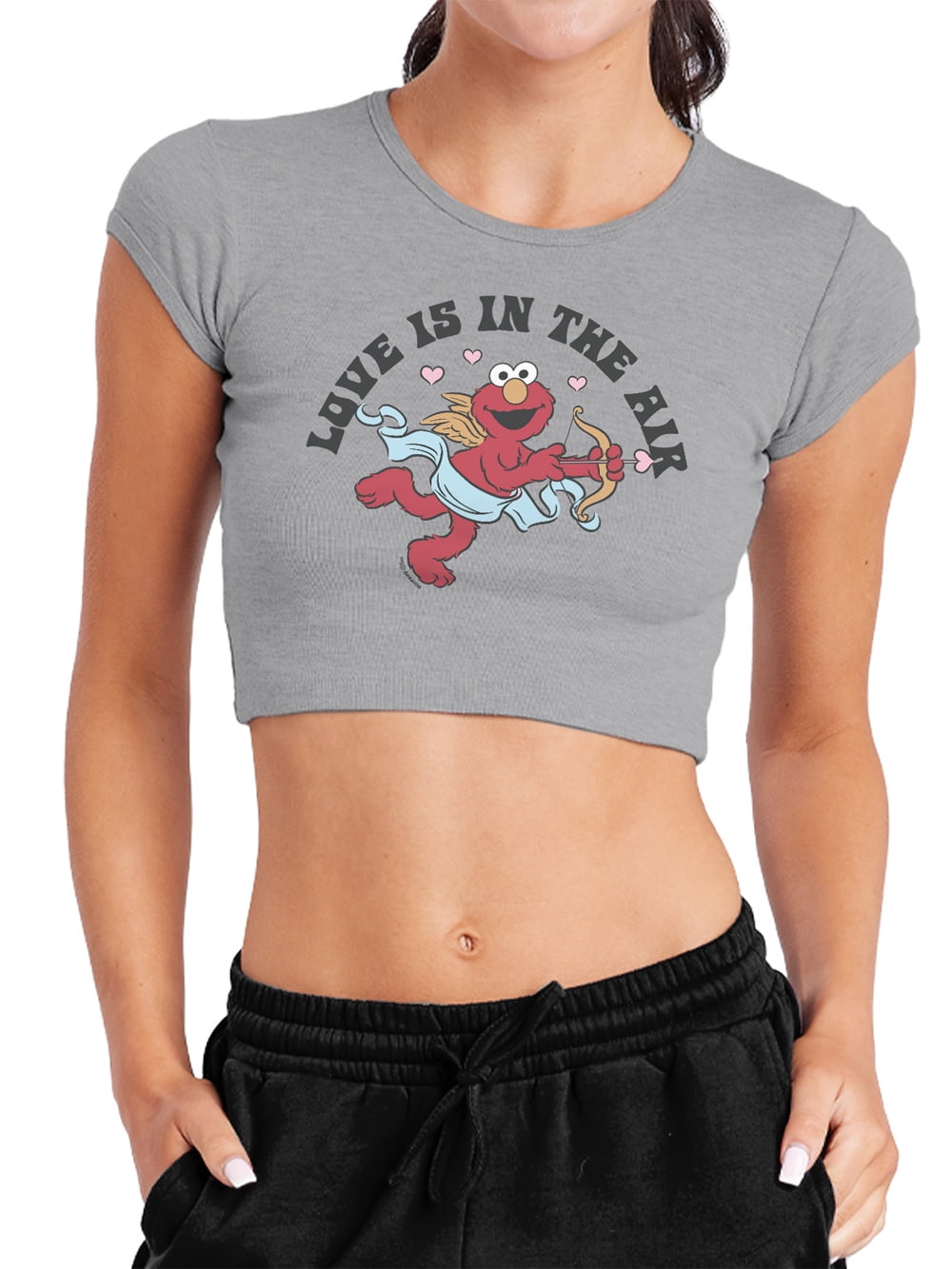 Sesame Street Elmo Love is in the Air Women's Cap Sleeve Baby Rib Crop Top, Athletic Heather ...