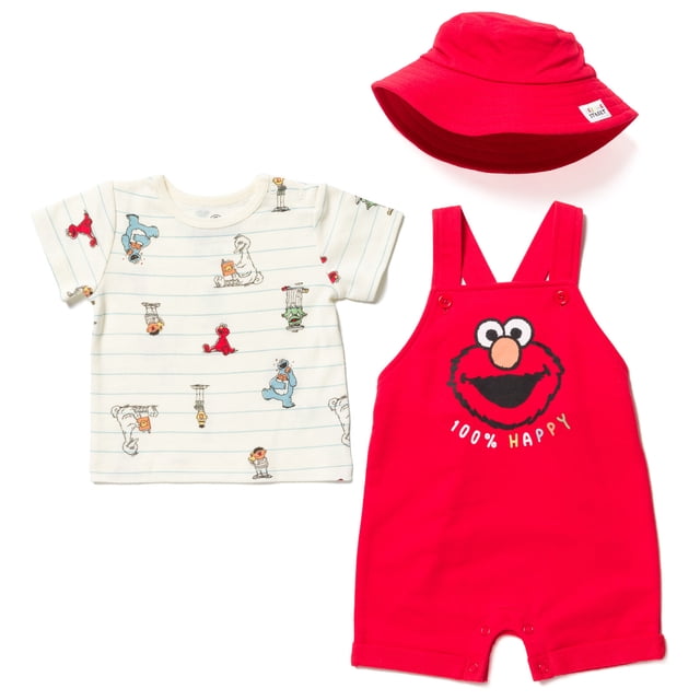 Sesame Street Elmo Newborn Baby Boys French Terry Short Overalls T ...