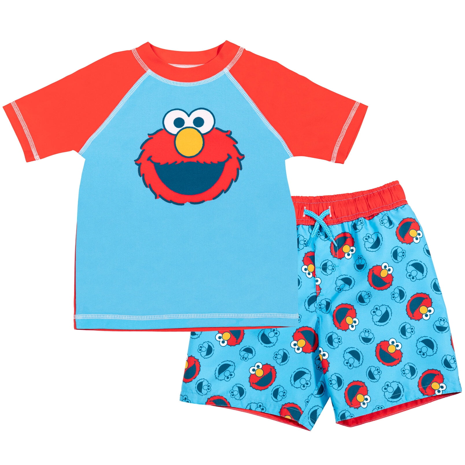 Sesame Street Elmo UPF 50+ Pullover Rash Guard Swim Trunks Outfit Set ...