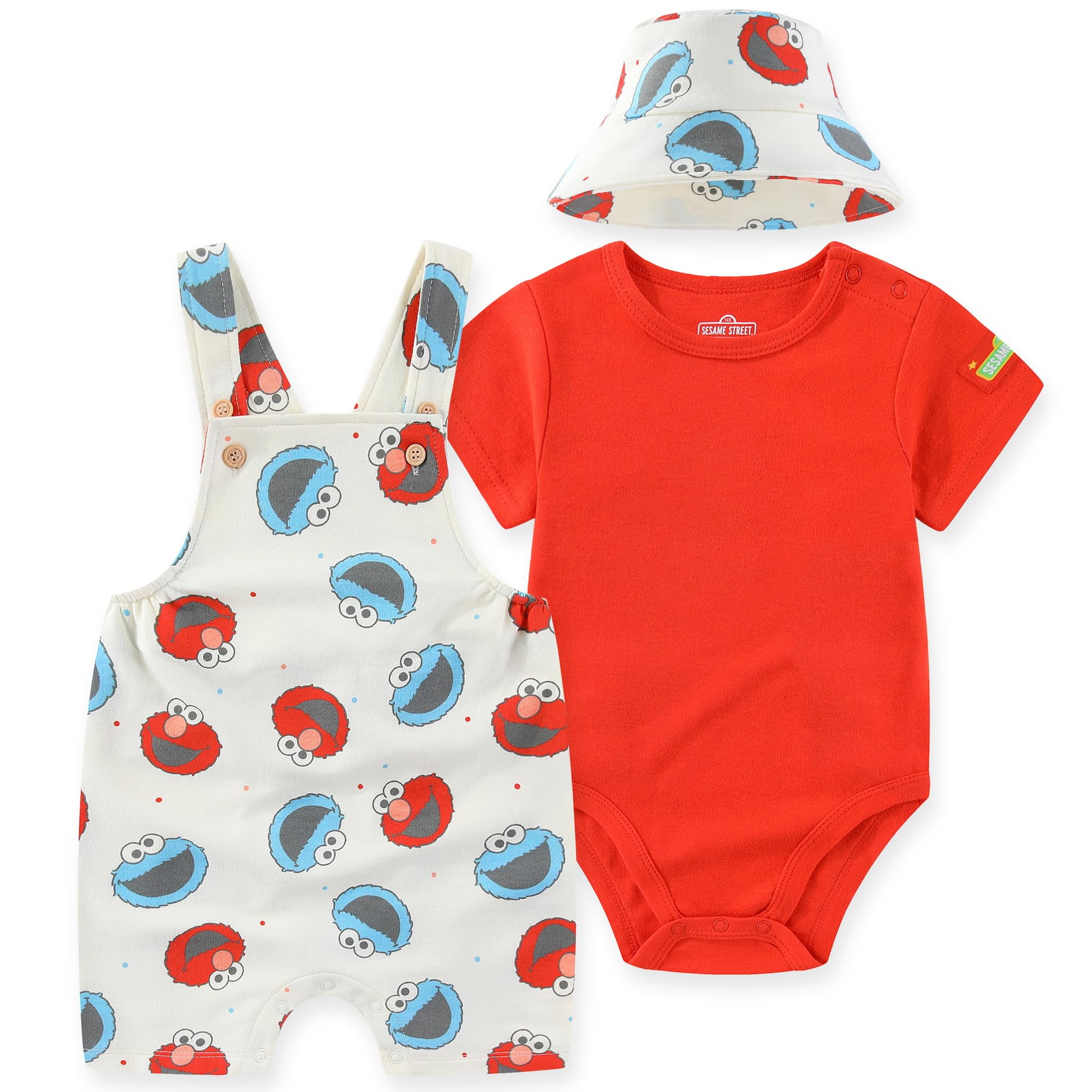 Sesame Street Elmo and Cookie Monster Baby Shortall Overalls with Hat ...
