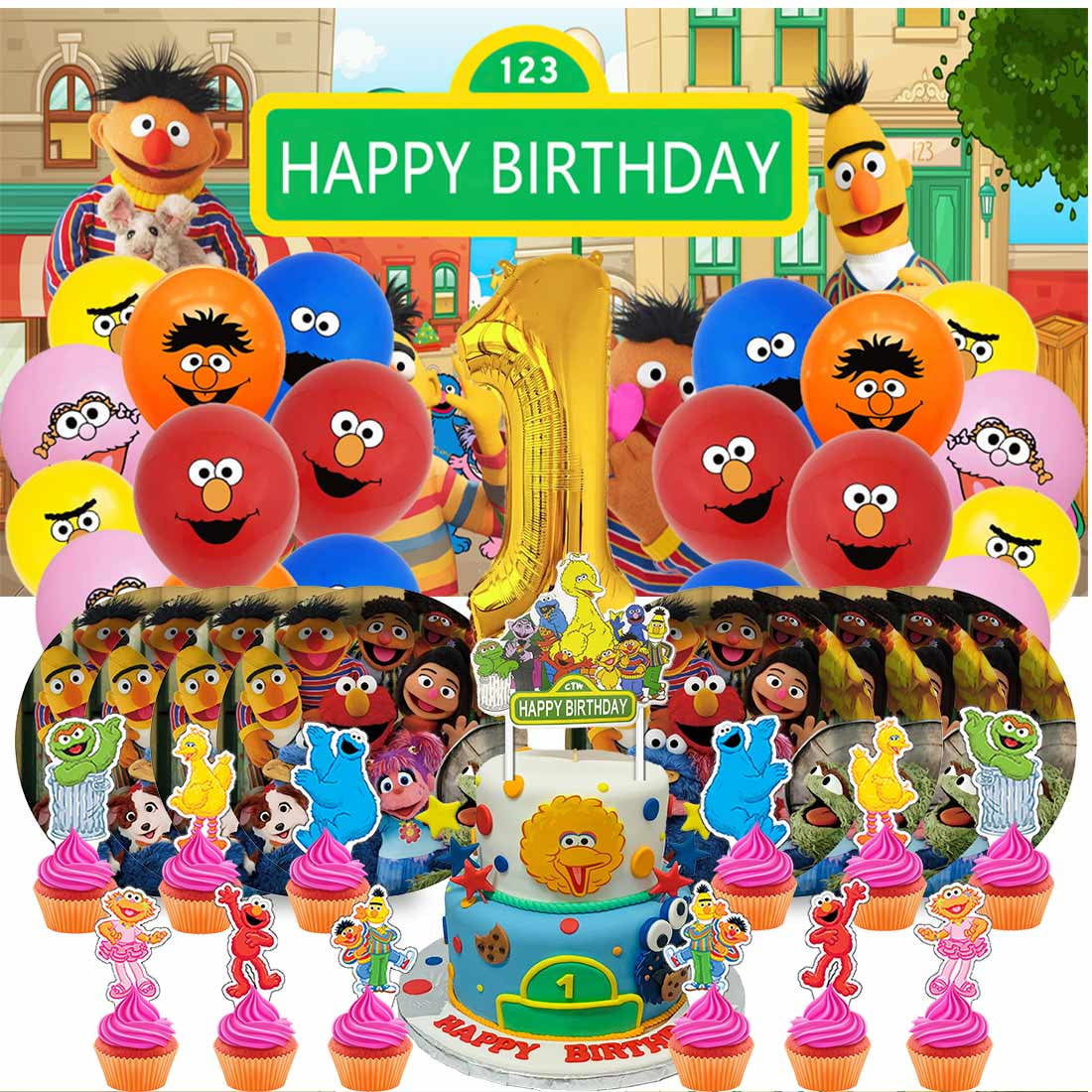 Sesame Street Ernie Bert Balloons Party Supplies 1st Decor Tableware ...