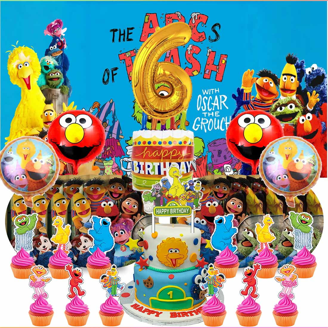 Sesame Street Oscar 6th Tableware Balloons Cake Toppers Backdrop Banner ...