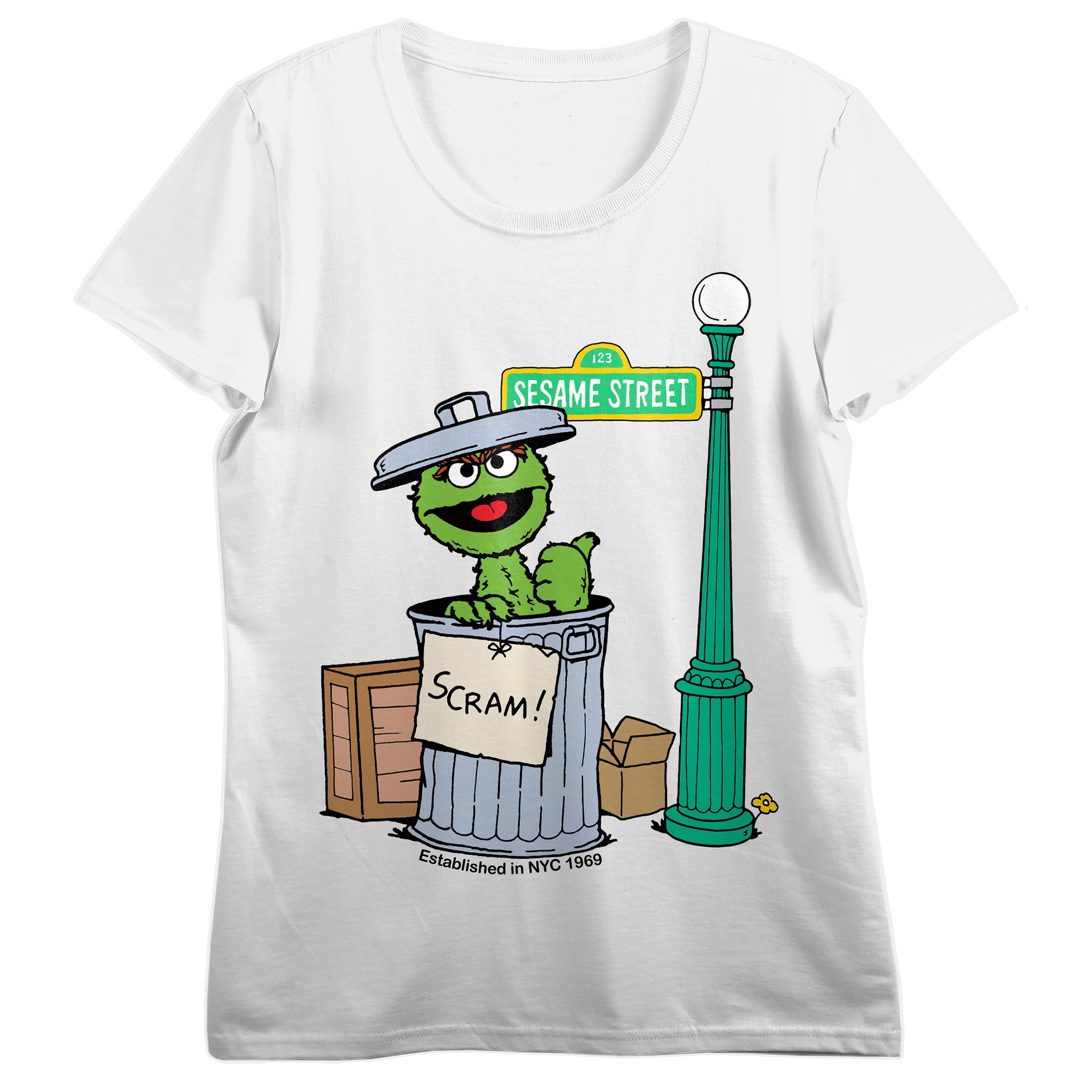 Sesame Street Oscar's Trash Can Women's White Crew Neck Short Sleeve T ...