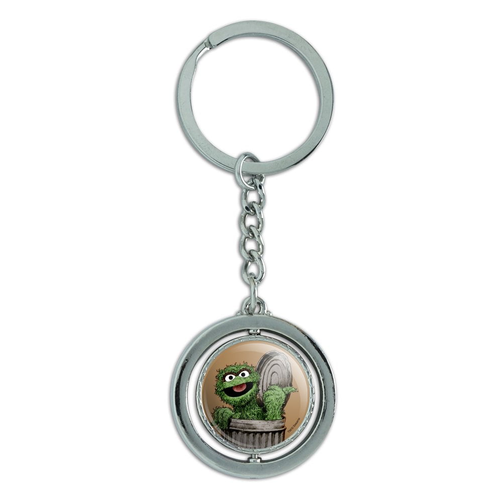Sesame Street Vintage Oscar the Grouch Keychain Spinning Round Chrome ...