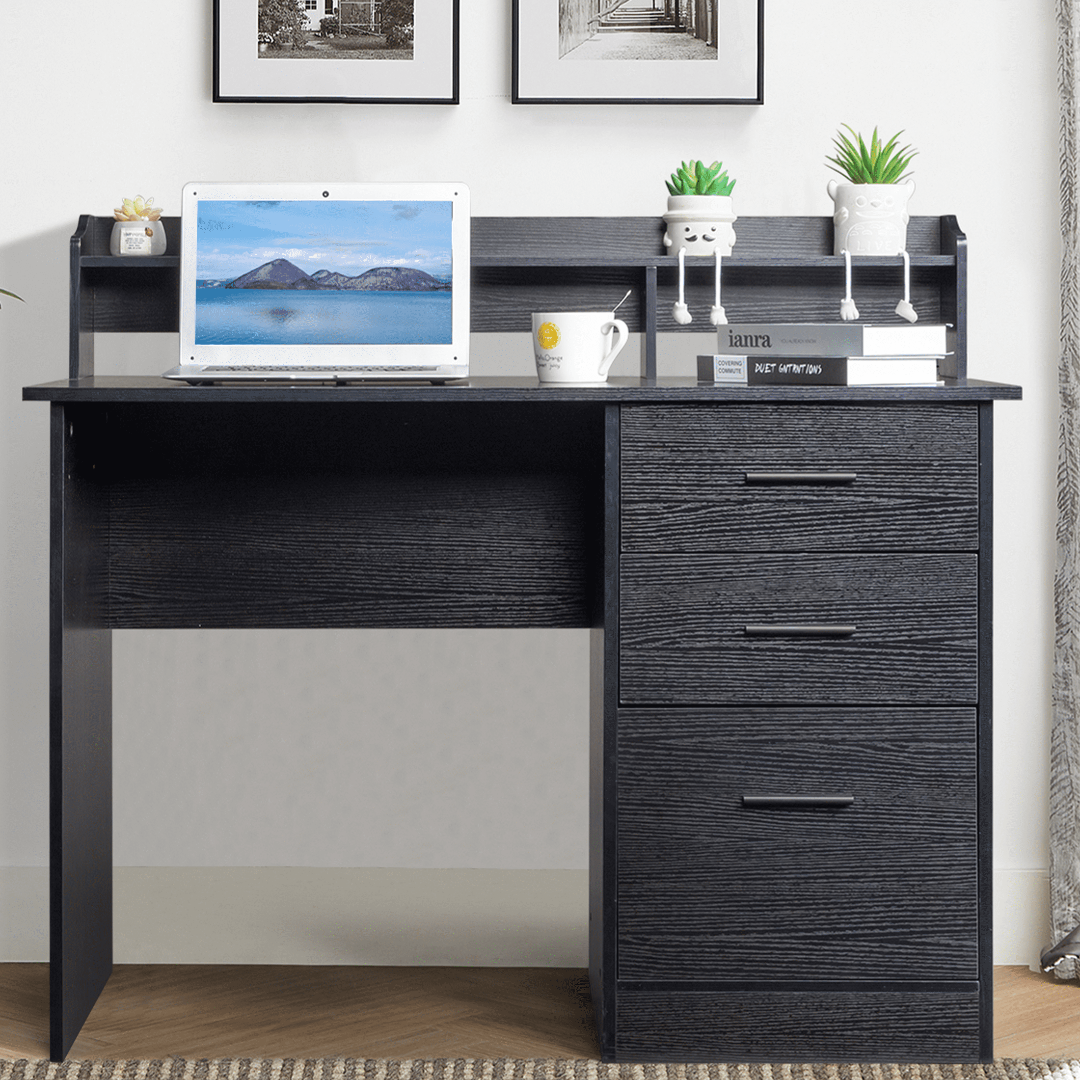 Sesslife Black Computer Desk, Writing Desk with Lockable Wheels，Modern ...