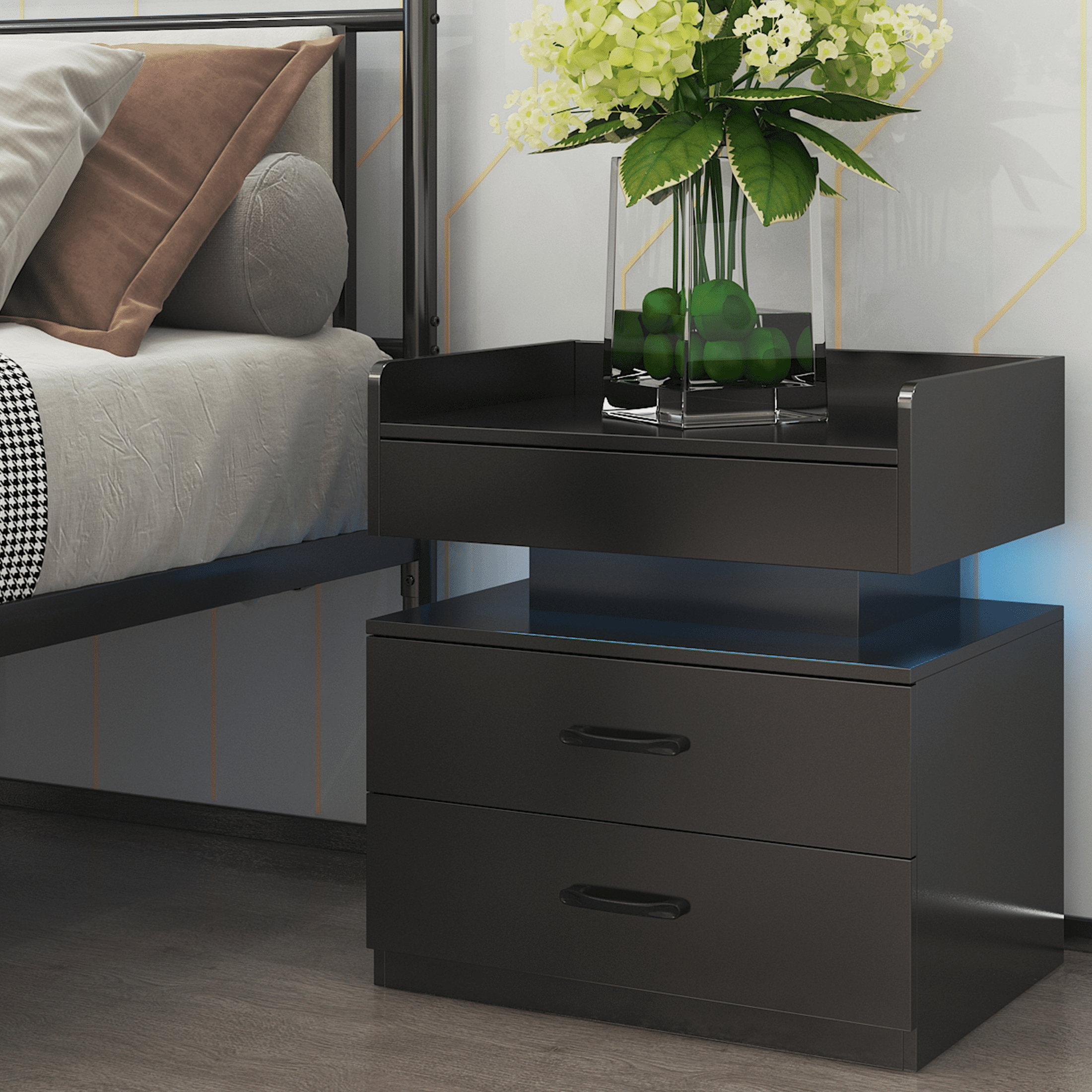 Sesslife Black Nightstand with LED Lights Strips, Bedside Table with ...