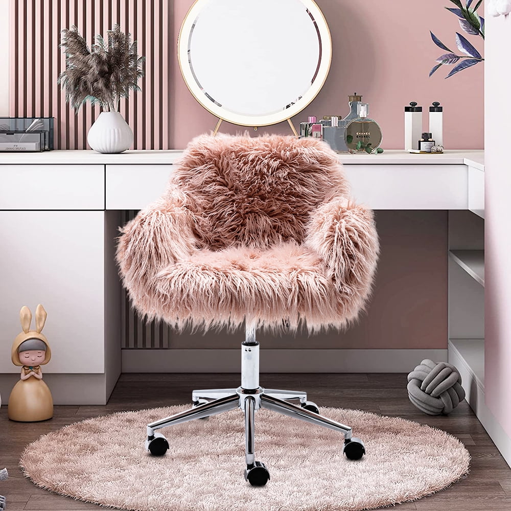 Sesslife Pink Furry Desk Chair for Girls, Adjustable Swivel Vanity ...