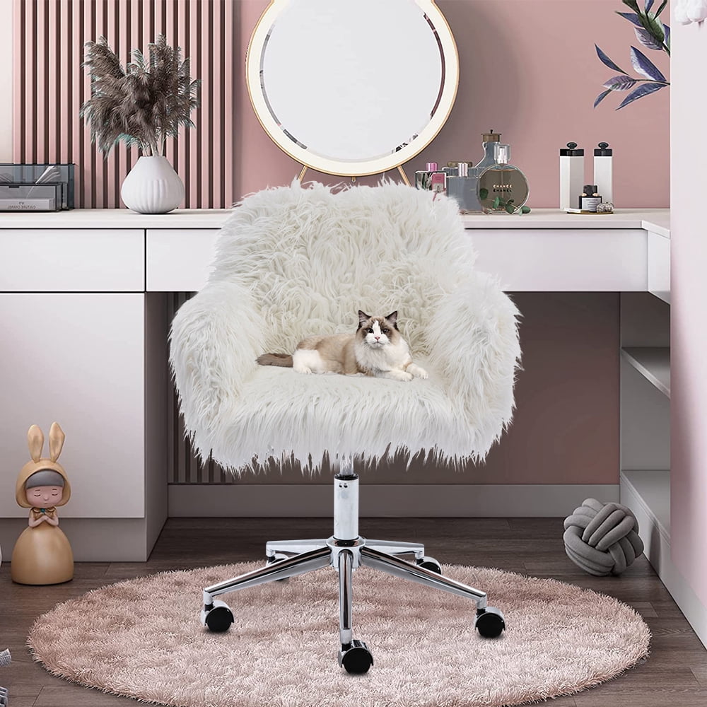 Sesslife Cute White Fluffy Desk Chair for Girls Women, Comfy Modern ...