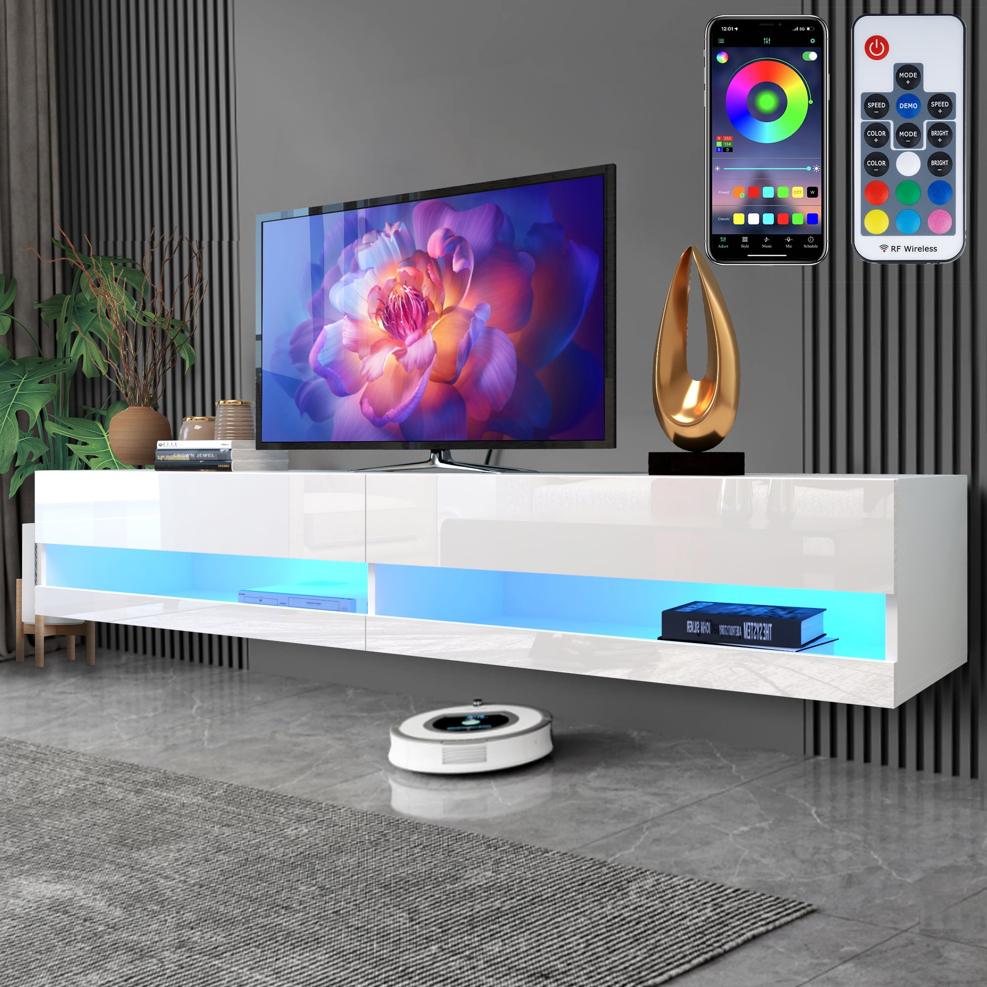 Sesslife Floating TV Stand Wall Mounted, LED Entertainment Center with ...
