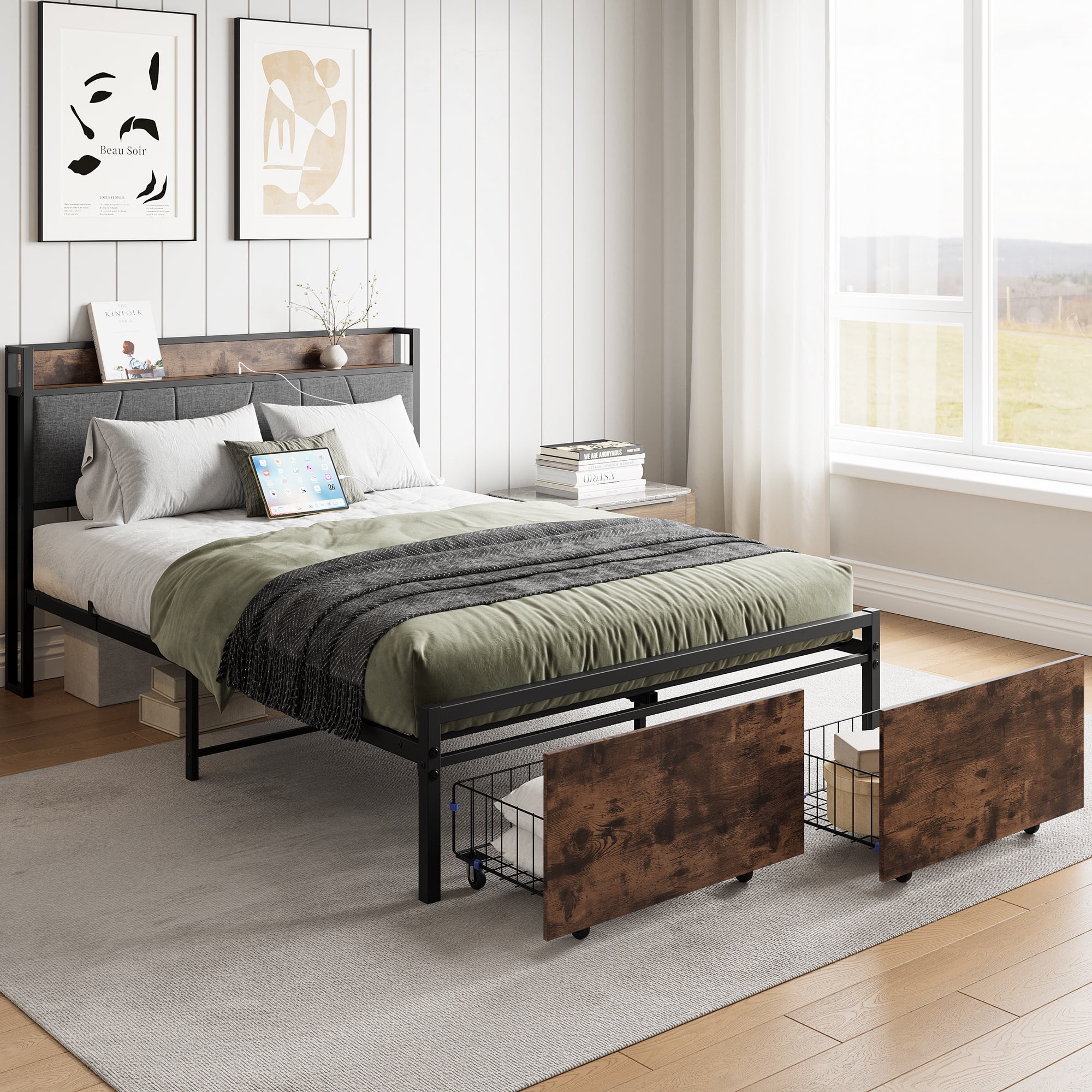 Sesslife Full Size Bed Frame with Storage Upholstered Headboard and 2 ...