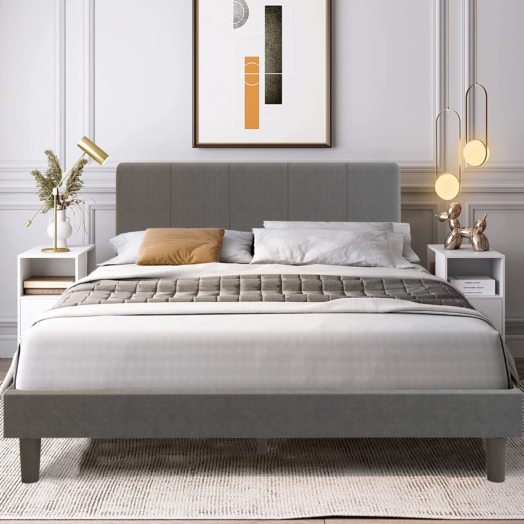 Sesslife Full Size Bed Frame with Soft Headboard, Upholstered Platform ...