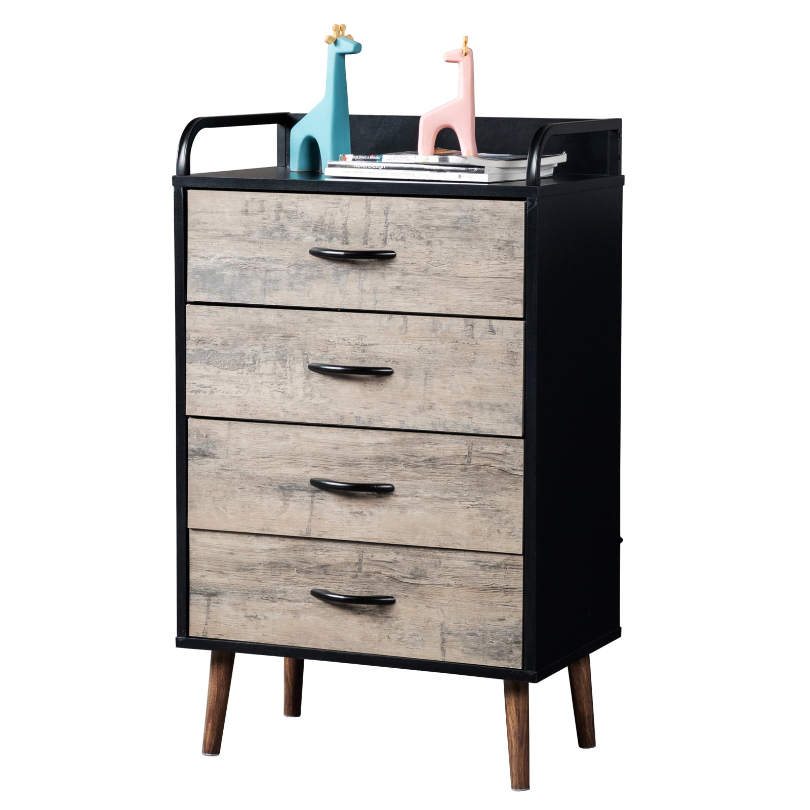 Sesslife Gray Dresser with 4 Storage Drawers, Solid Wood Frame ...