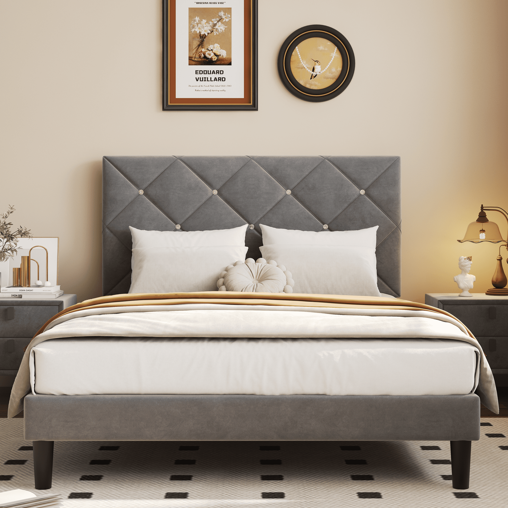 Sesslife Gray Platform Bed Frame, Twin Bed Frame with Velvet ...