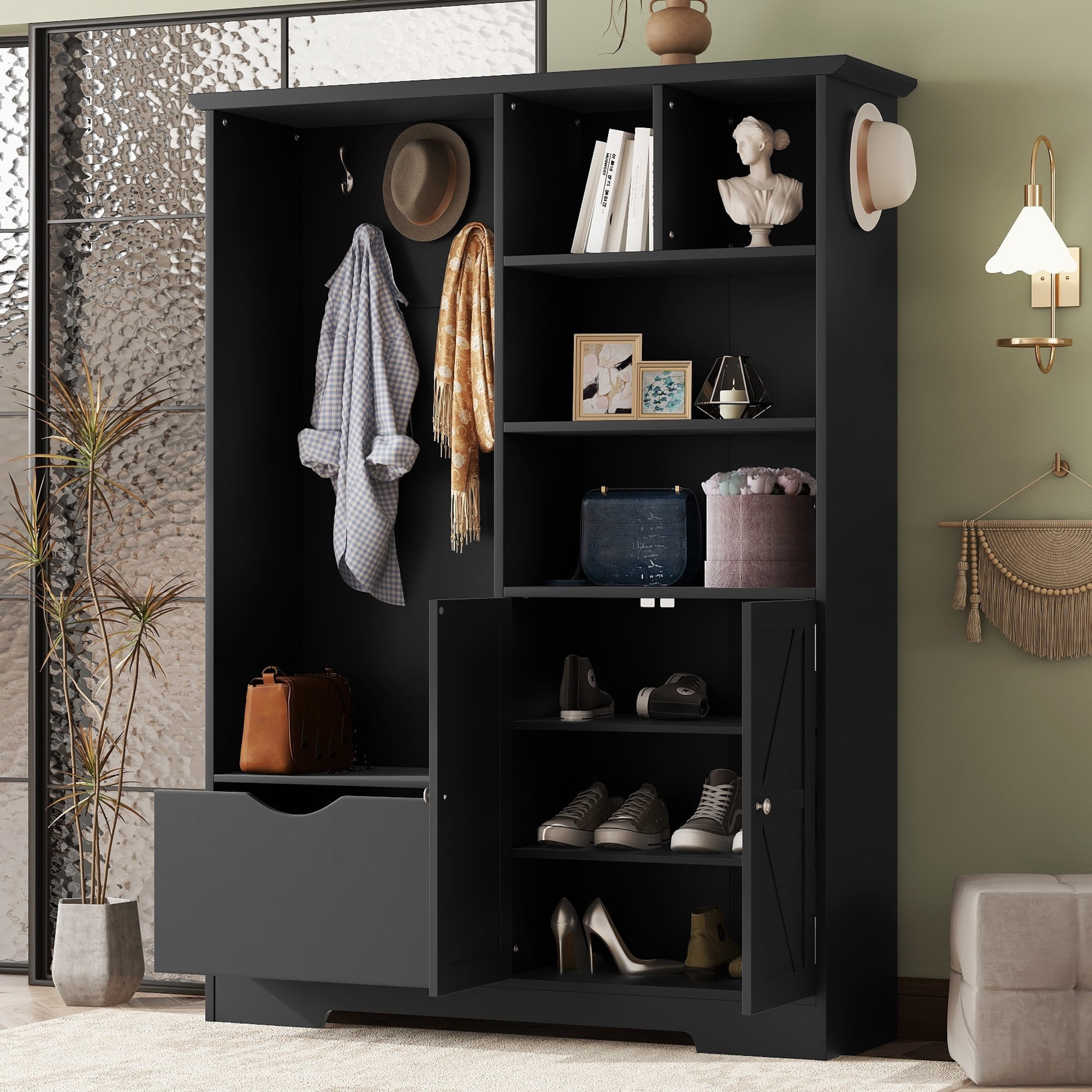 Sesslife Hall Tree with Shoe Cabinet and Drawer, Modern Coat Rack with ...
