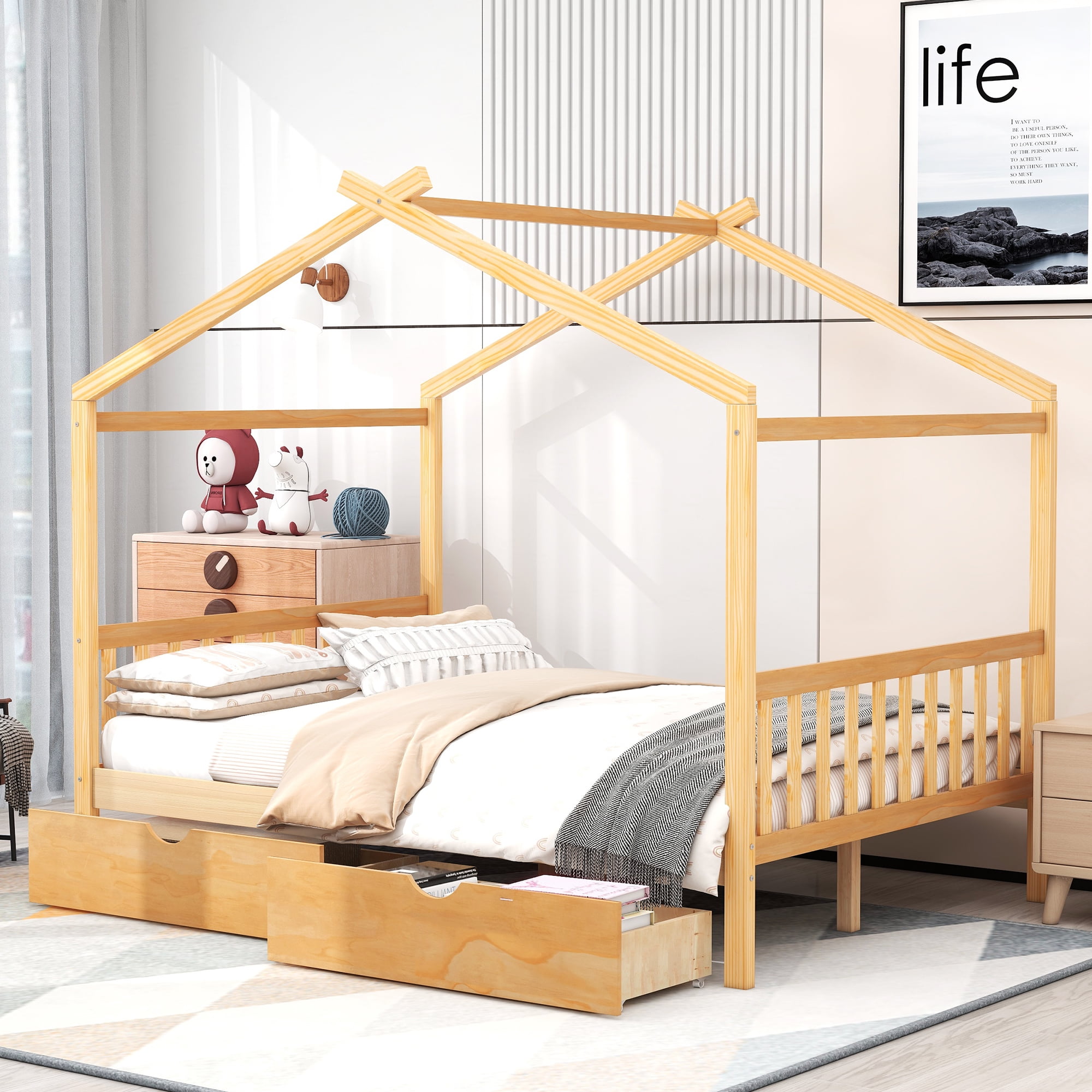Sesslife House Bed Full, Wood House Platform Bed with 2 Storage Drawers ...