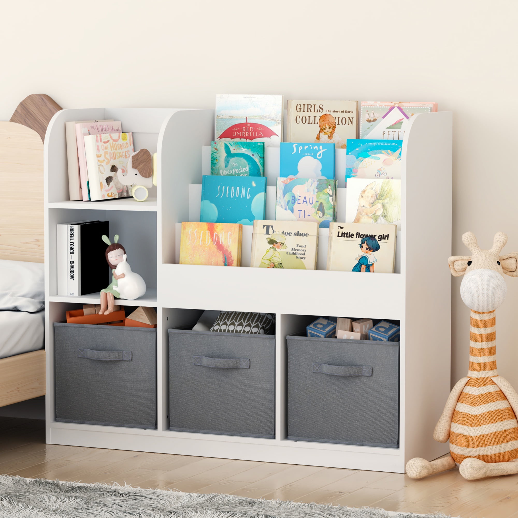 Sesslife Kids Bookshelf with Storage, Multifunctional Nursery Book ...