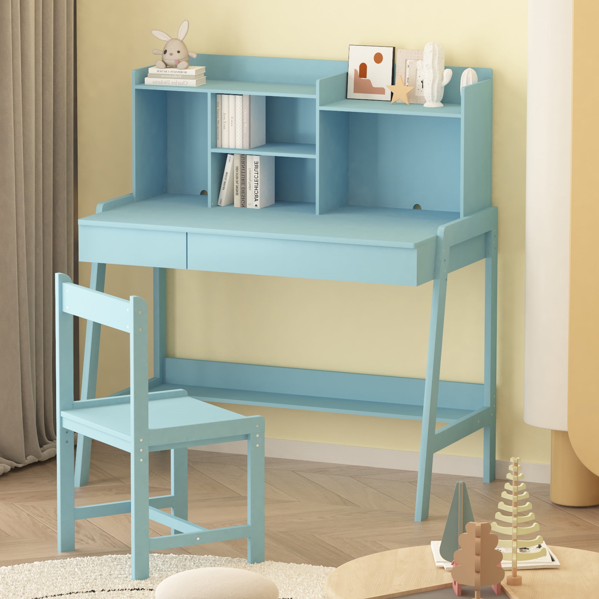 Sesslife Kids Table and Chair Set with Storage, Wood Study Desk and ...