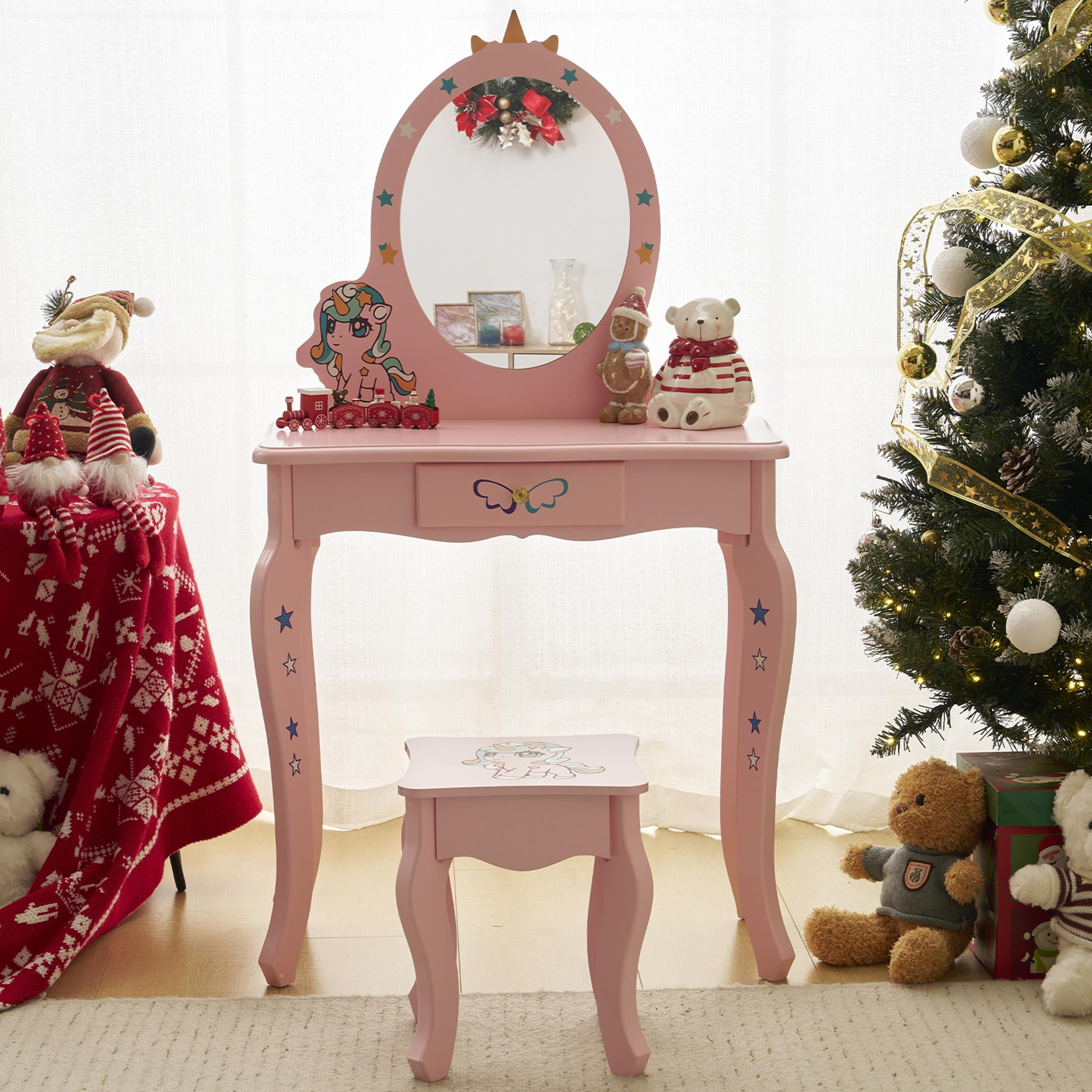 Sesslife Kids Vanity Set with Mirror and Drawer, Wooden Princess Makeup ...