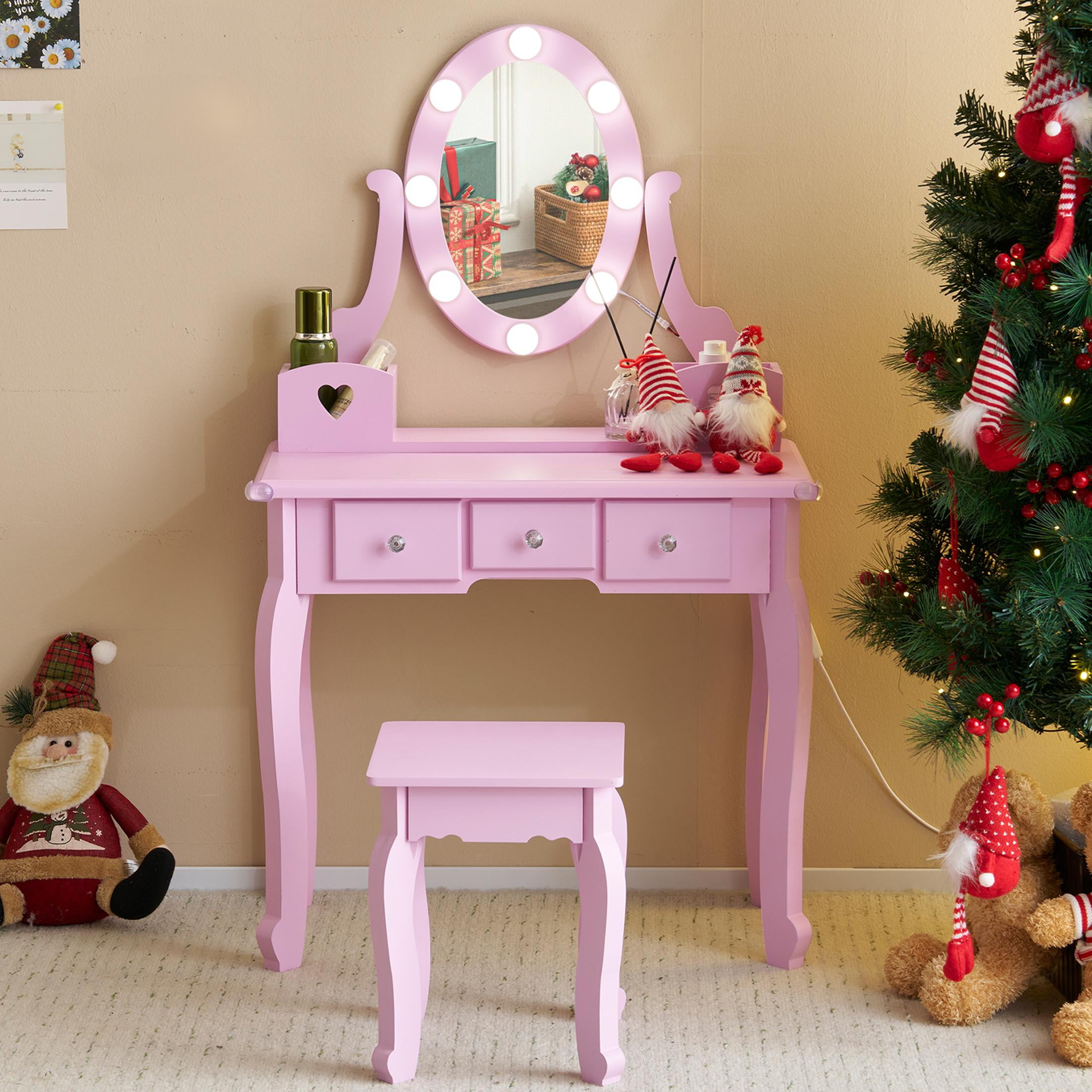 Sesslife Kids Vanity Set with Mirror Lights and Drawers, Wooden ...