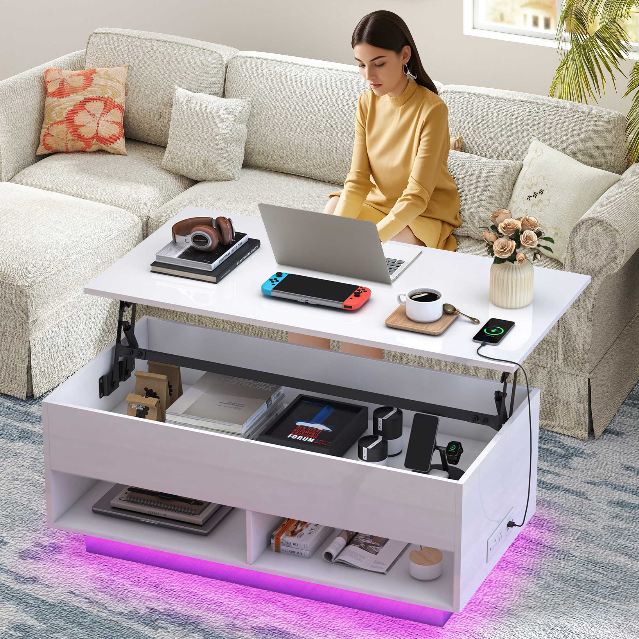 Sesslife White LED Coffee Table for Living Room, Modern Lift Top Coffee ...