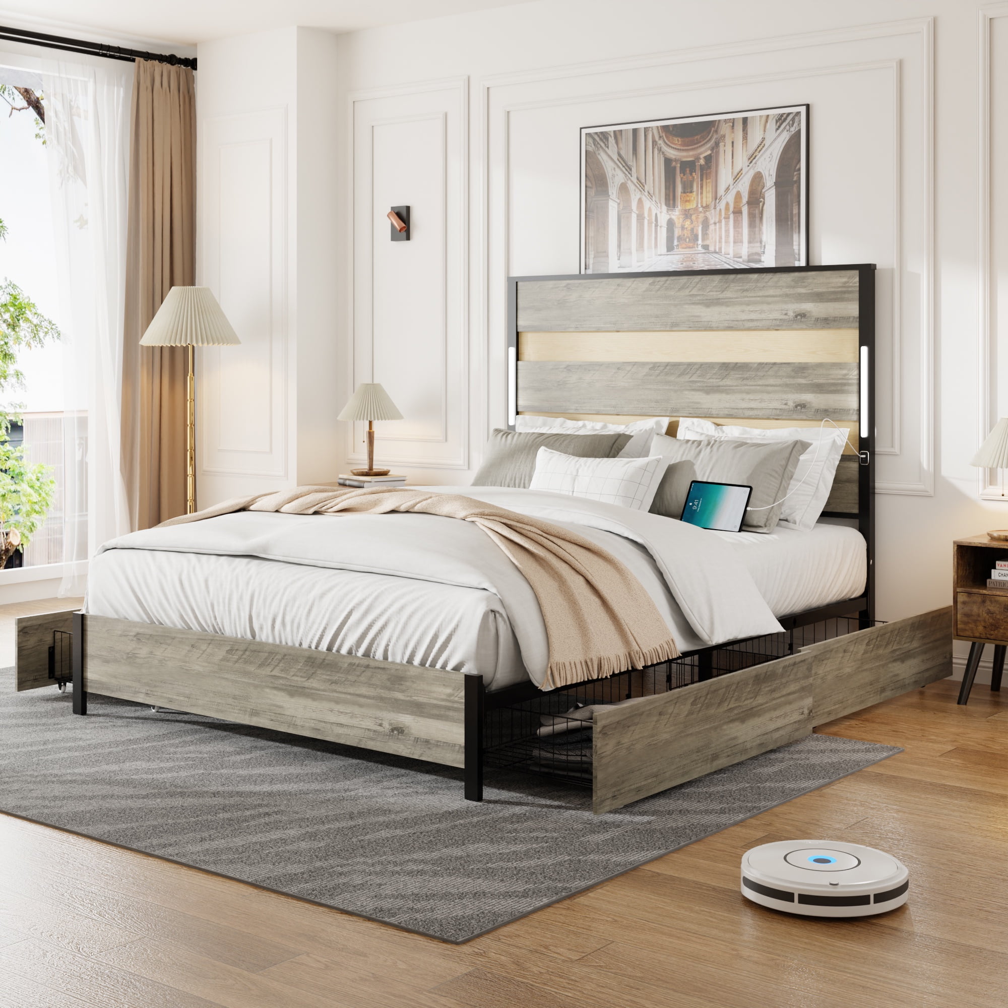 Sesslife LED Queen Bed Frame with 4 Storage Drawers, Platform Bed with ...