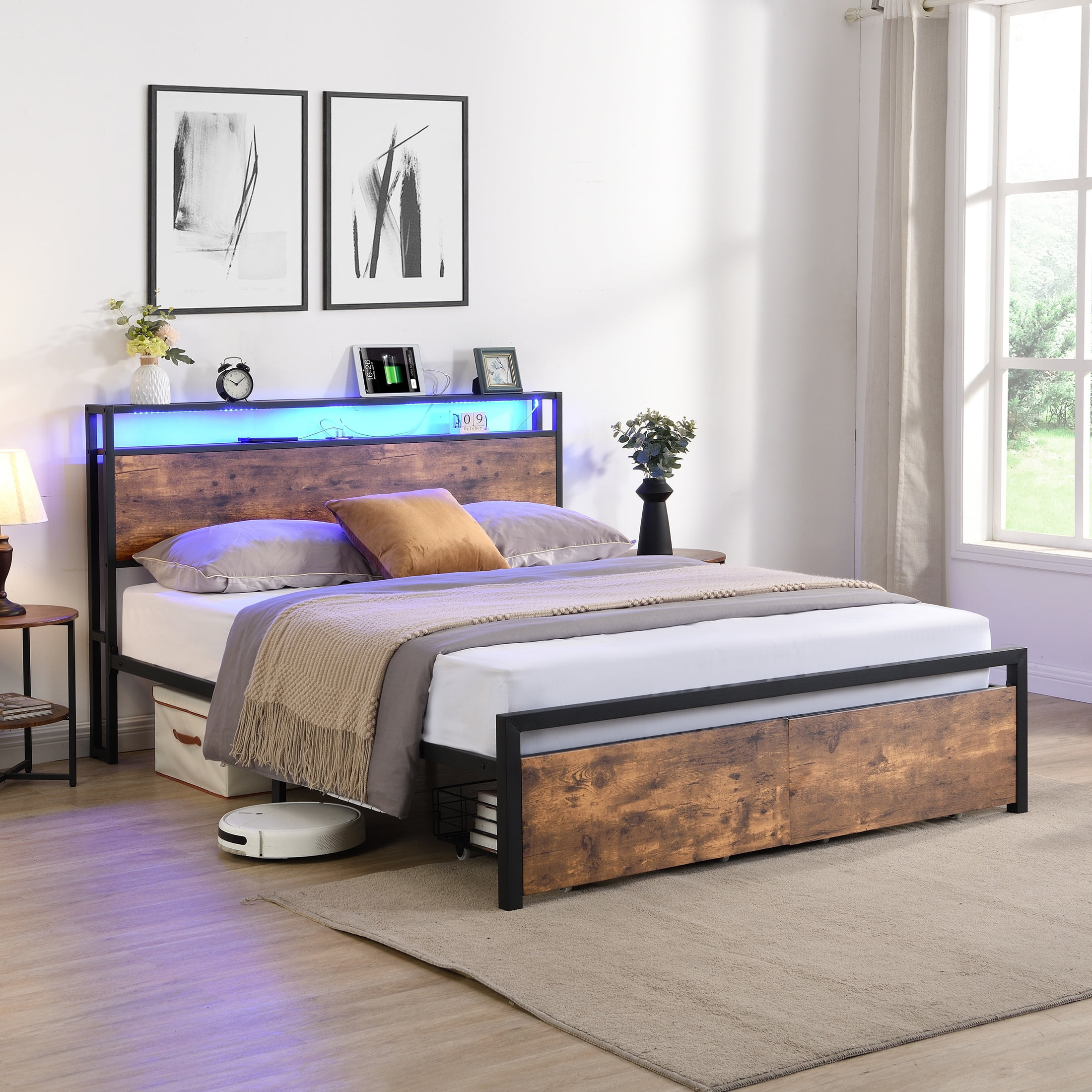 Sesslife LED Queen Bed Frame with 2 Layer Storage Headboard, Metal ...