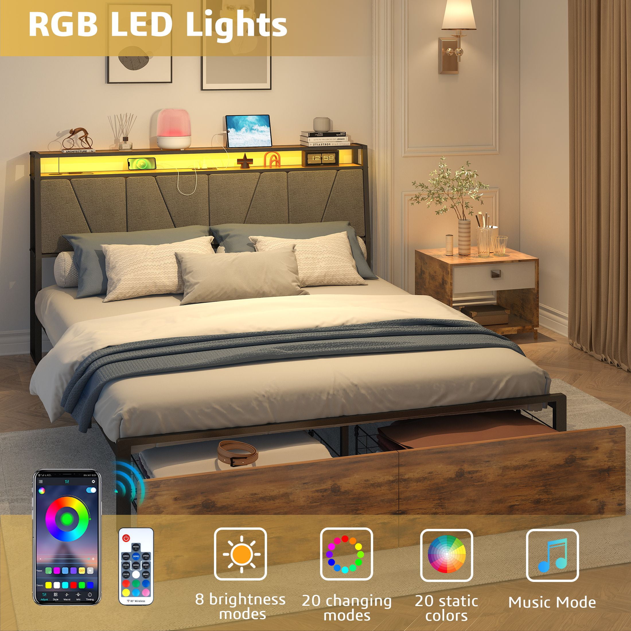 Sesslife LED Queen Size Bed Frame with Storage Headboard and 2 Drawers ...