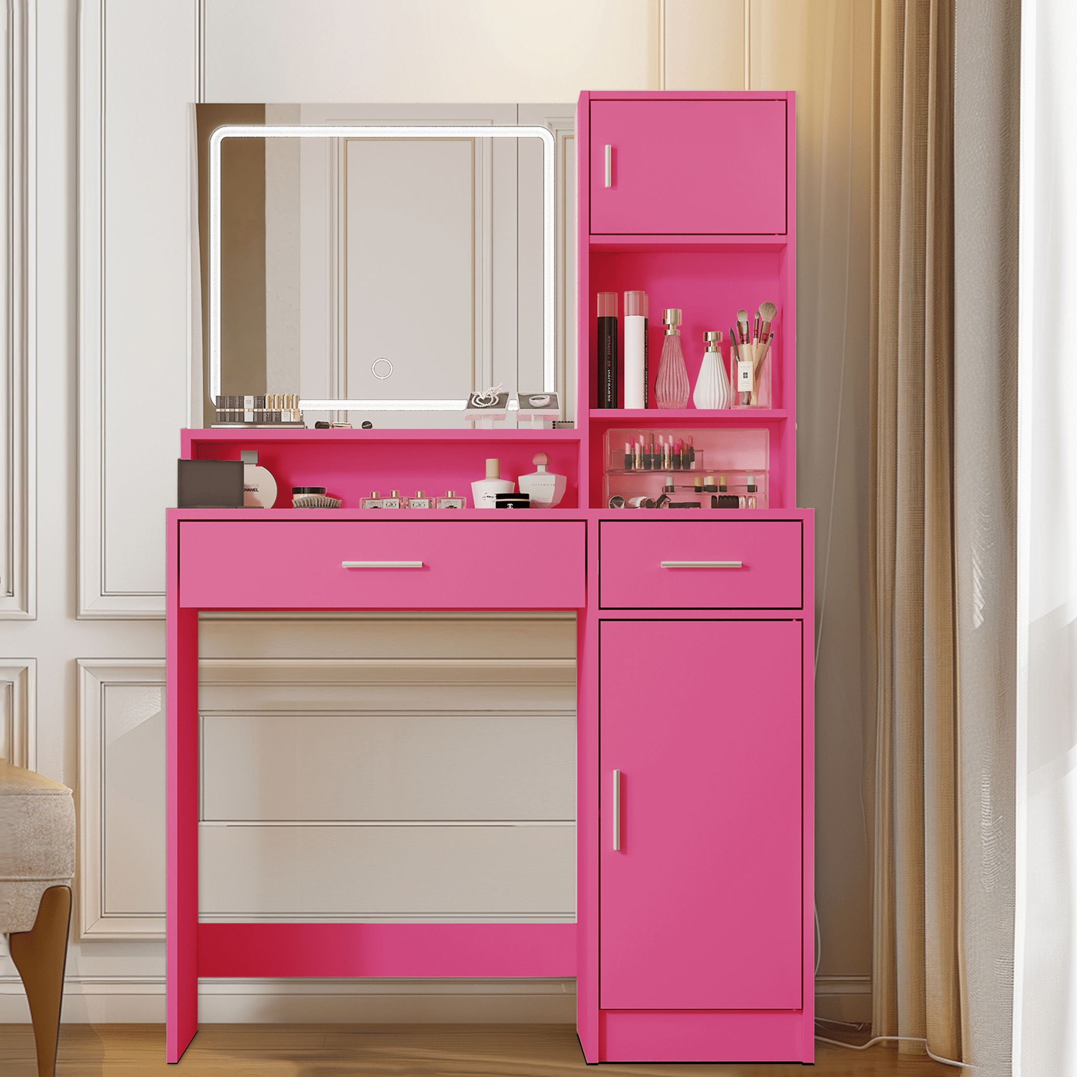 Sesslife Teen Light-Up Vanity with Mirror, Desk with Drawers & Shelves ...