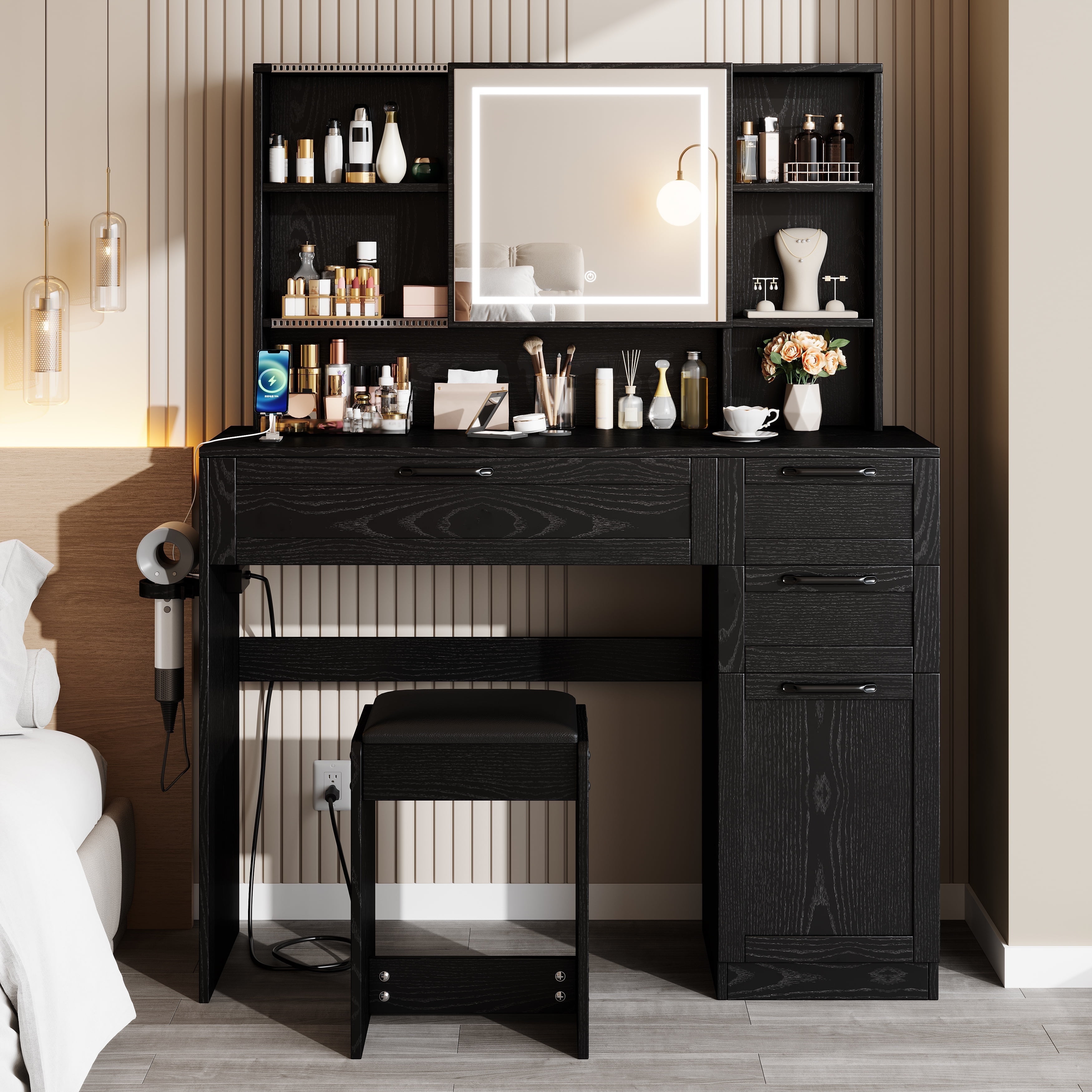 Sesslife Vanity Set with Sliding LED Light Mirror, Black Makeup Desk ...