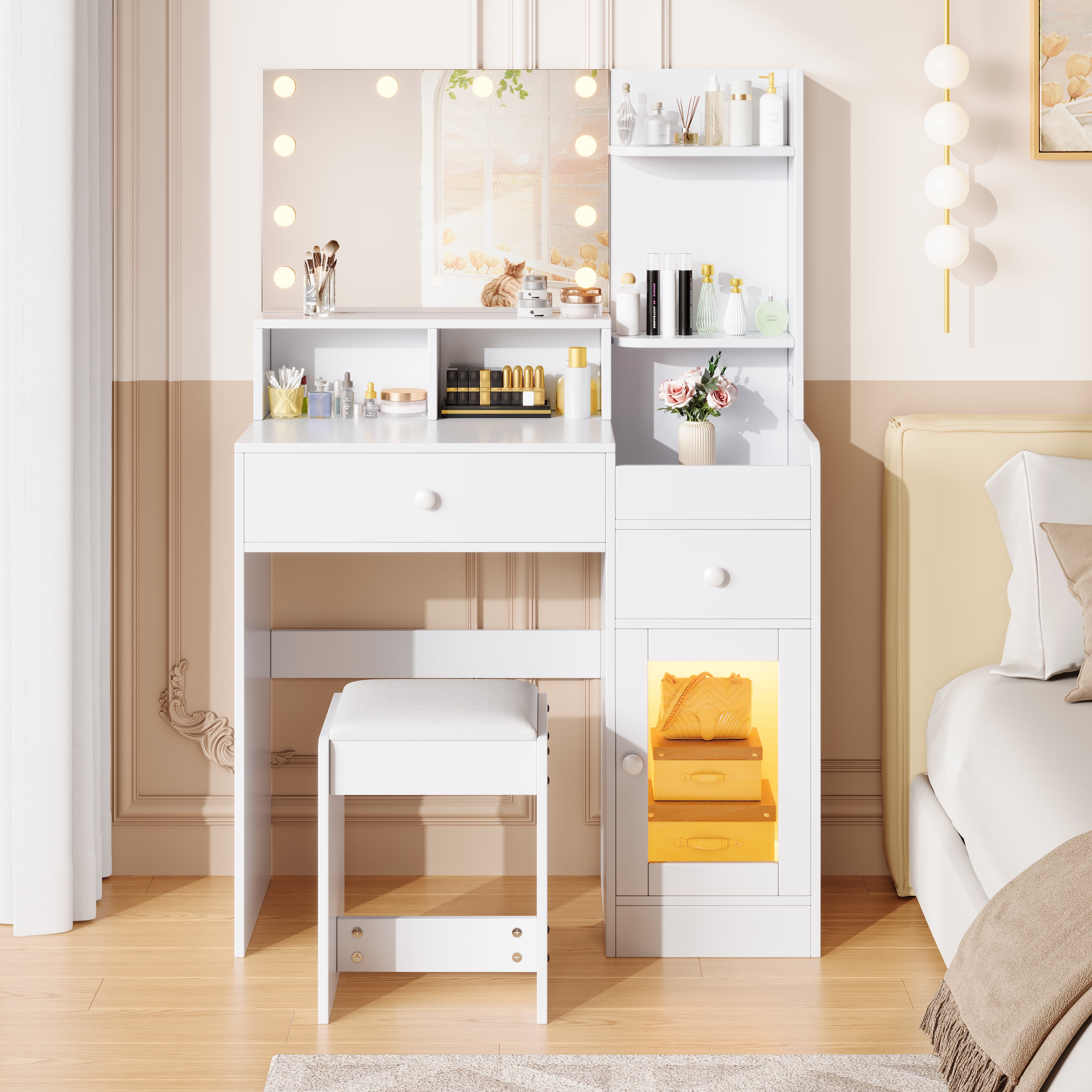 SESSLIFE White Vanity, Dressing Table with LED Cabinet& Bulbs Mirror ...