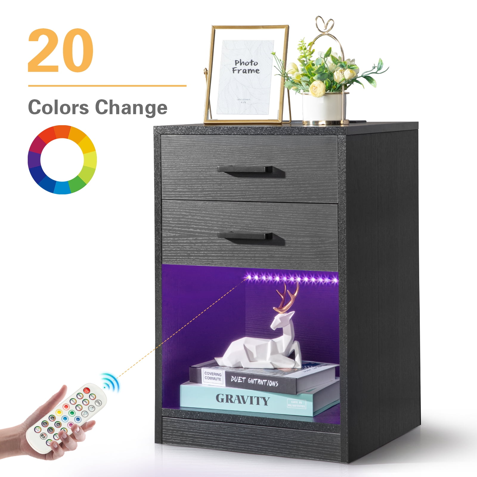 Sesslife Nightstand w/LED Lights, Modern End Table w/Drawer and Shelf ...