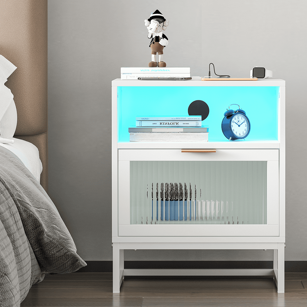 Sesslife Nightstand w/LED Lights, Modern End Table w/Drawer and Shelf ...