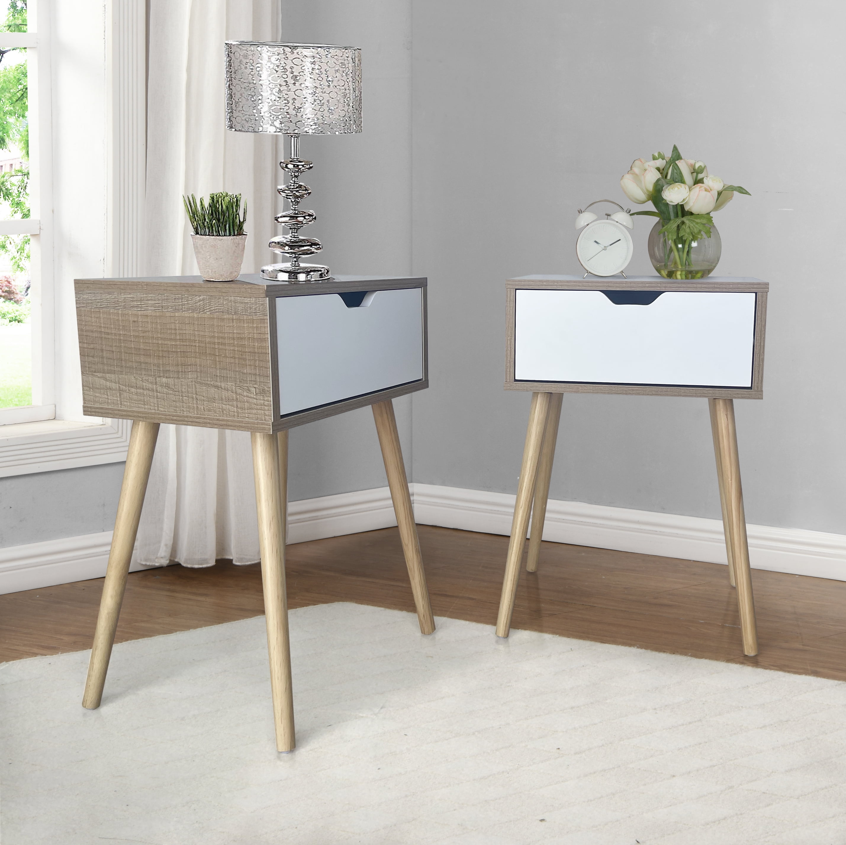 Sesslife Nightstand w/Solid Wood Feet, Modern End Table w/Drawer and ...
