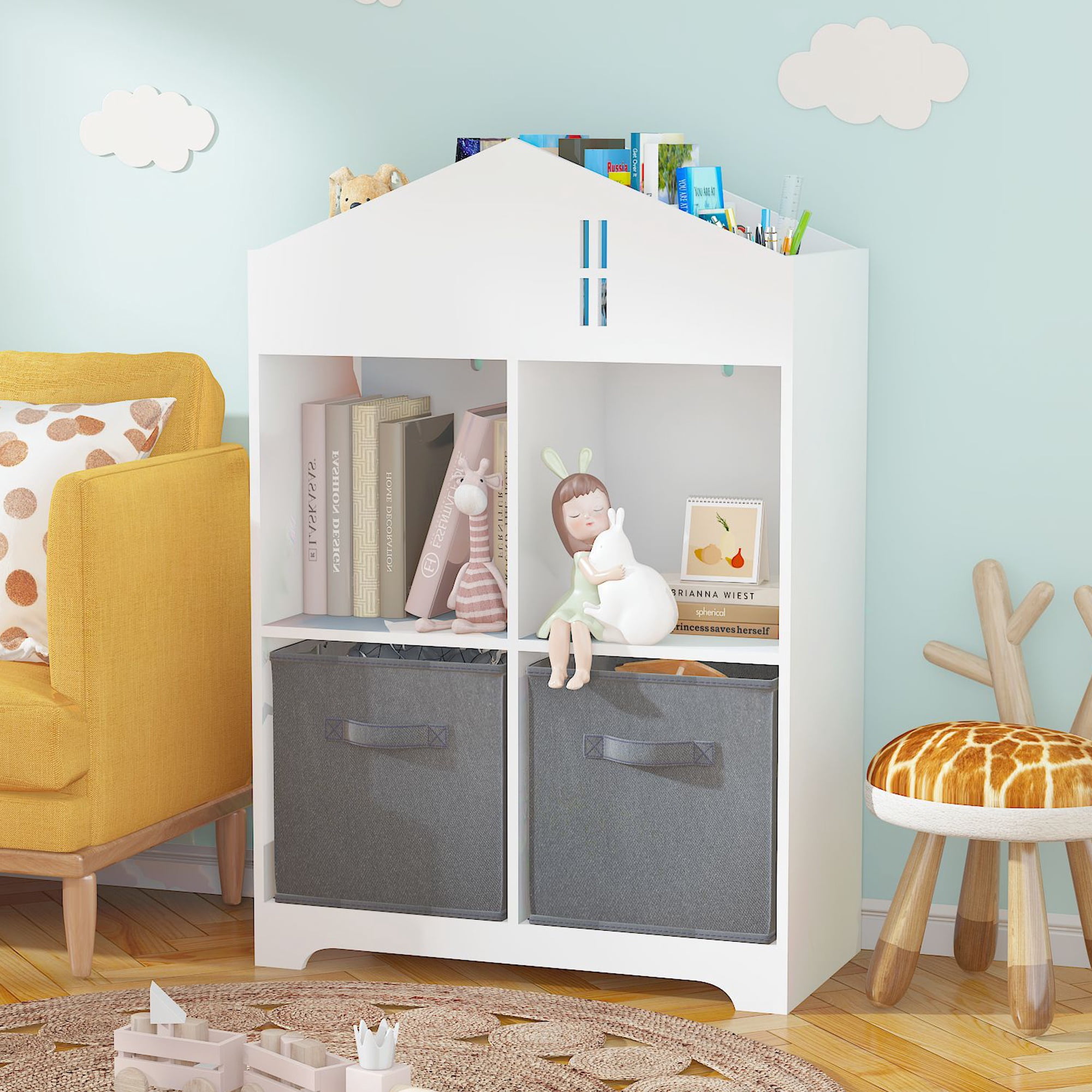 Sesslife Nursery Book Shelves for Kids Room, Wood Kids Toy Storage ...