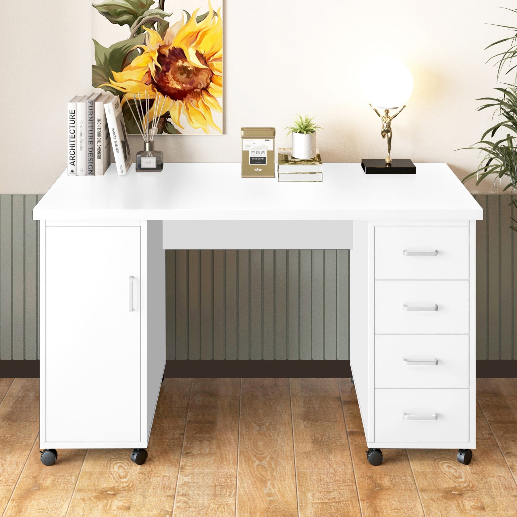 Sesslife White Computer Desk, Modern Study Desk with Lockable Wheels, 4 ...