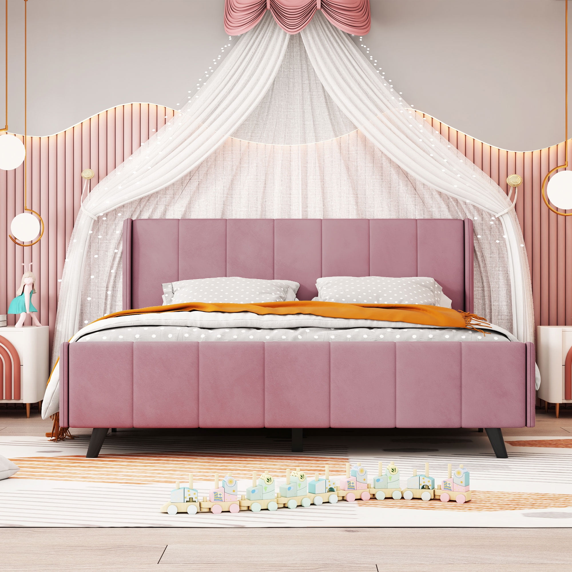 Sesslife Pink Platform Bed Frame, Queen Bed Frame with Upholstered ...
