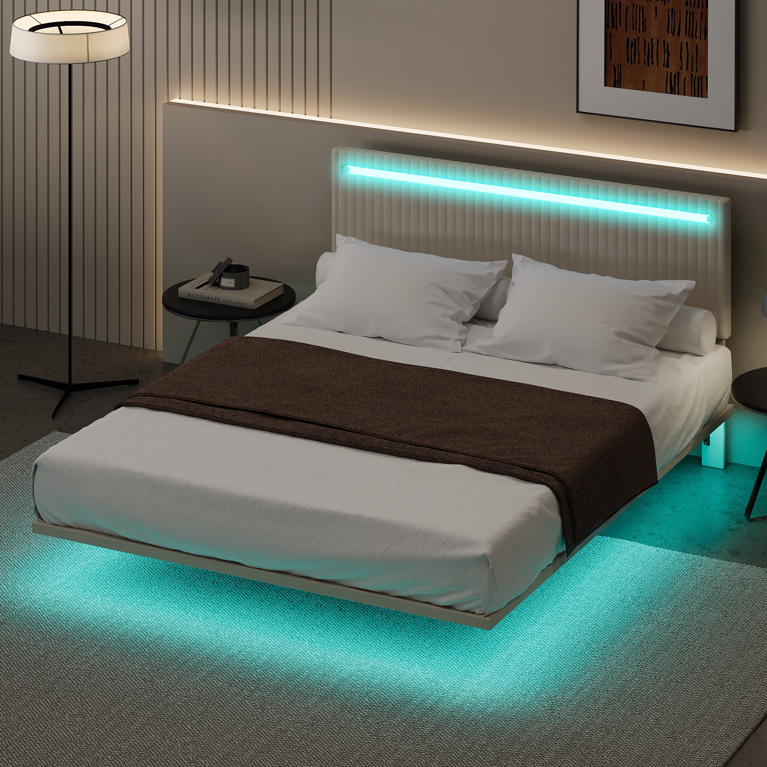 Sesslife Queen Bed Frame with LED Lights, Upholstered Floating Bed with ...