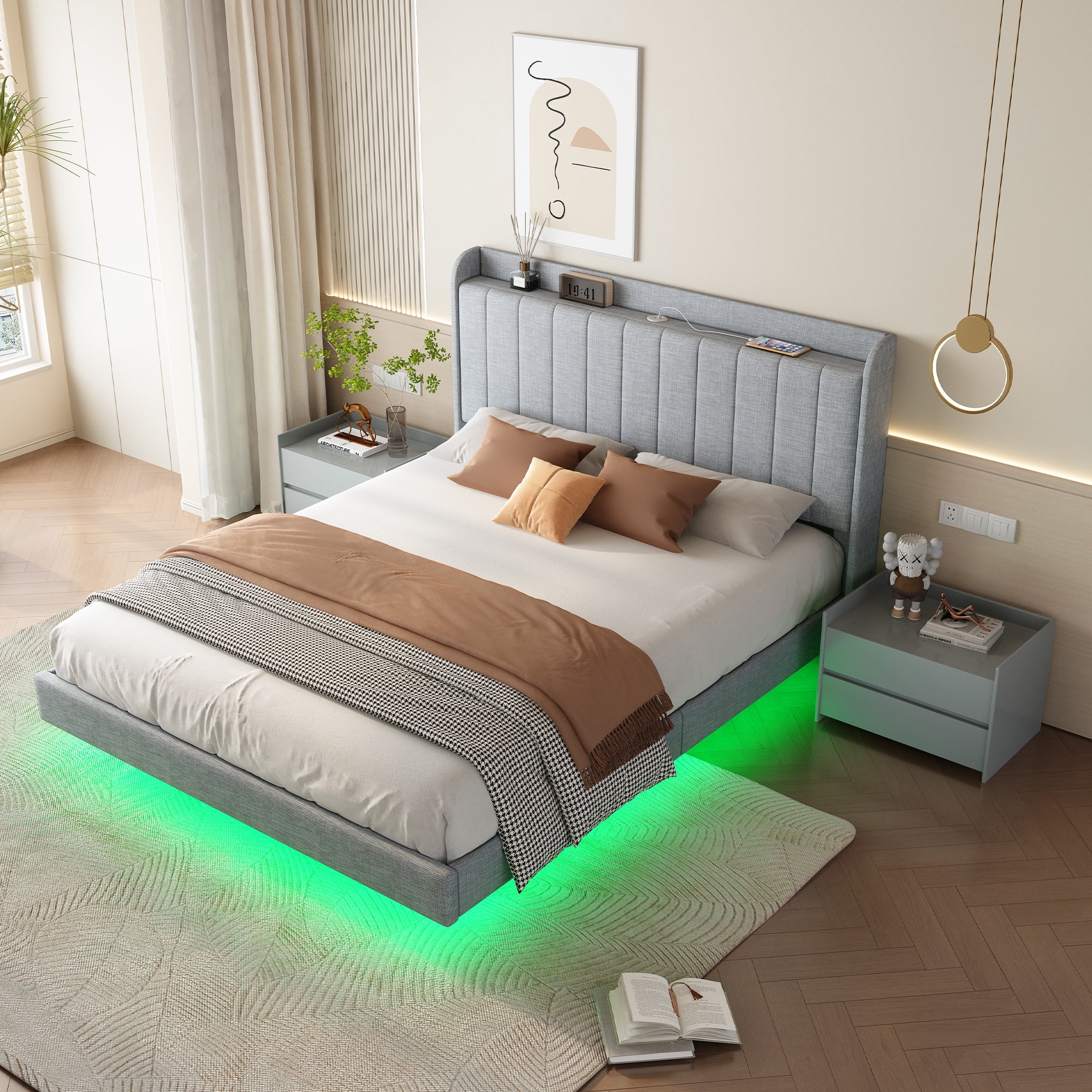 Sesslife Queen Floating Bed with LED Lights, Wood Platform Bed Frame ...