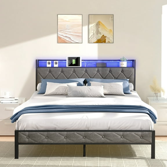 Towallmark Queen Floating Bed Frame with LED Lights & Charging Station ...