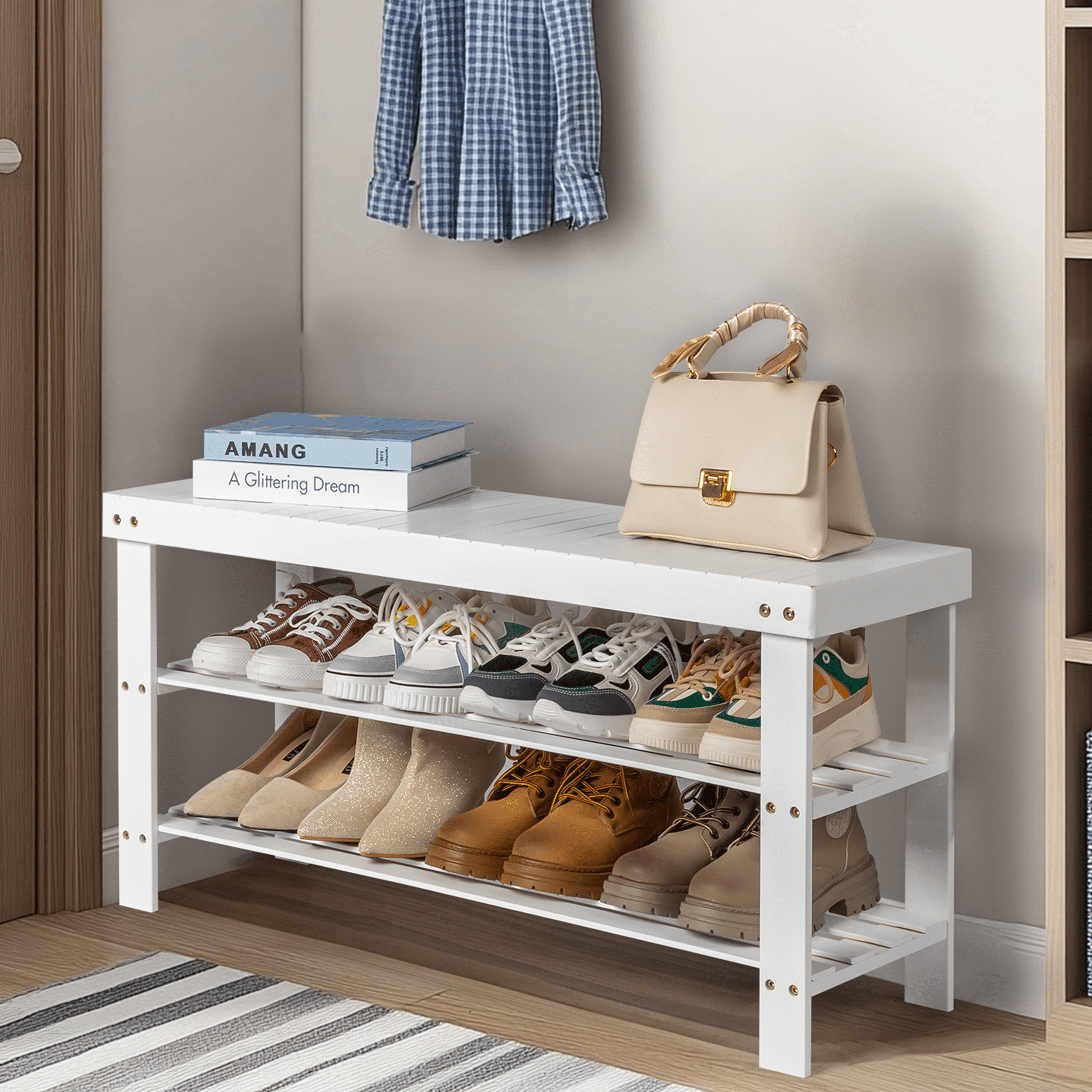 Sesslife Small Bench Seat, Entryway Shoe Bench with 2 Tier Storage, 3 ...