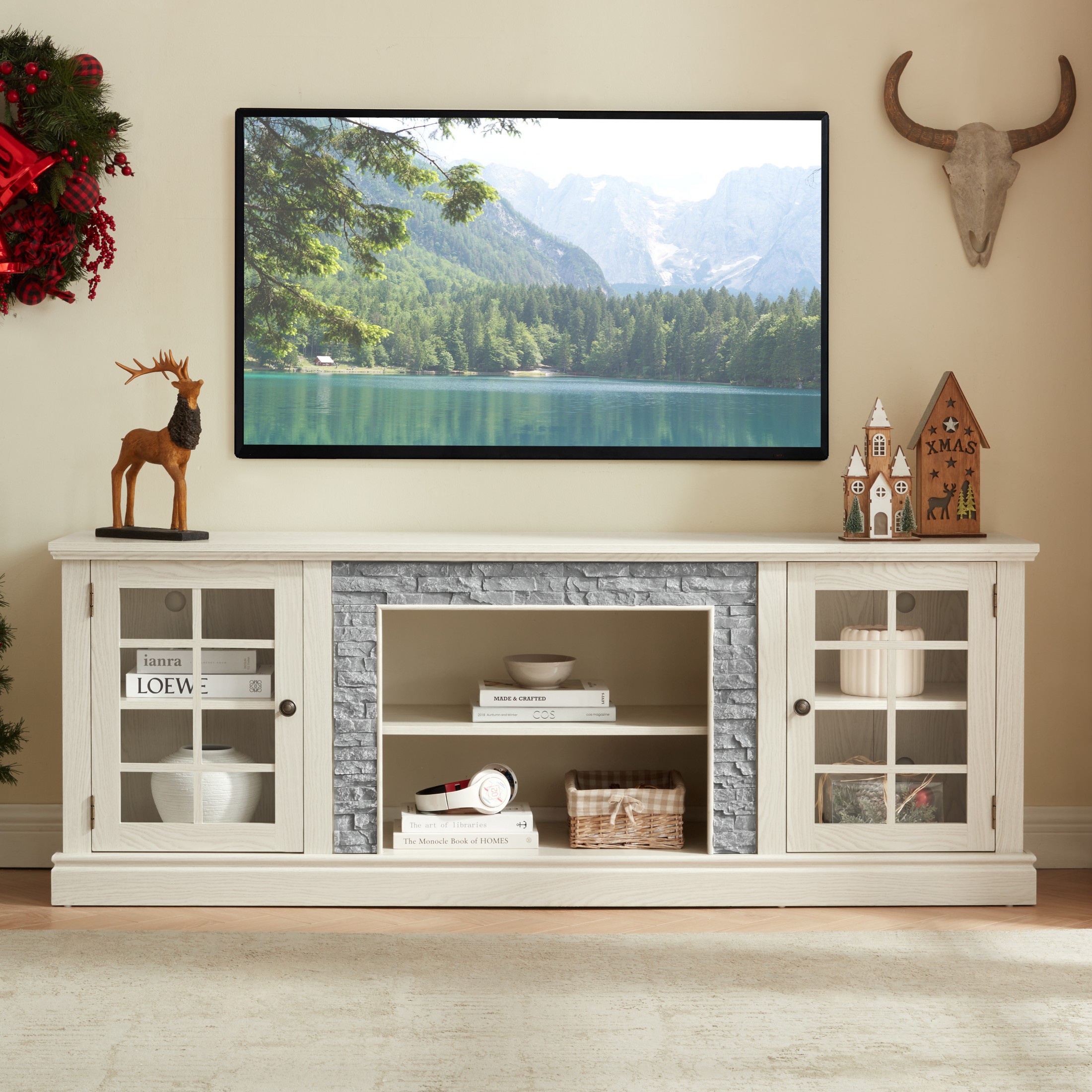 Sesslife TV Console Table for 70" TV, Farmhouse TV Stand with Faux ...