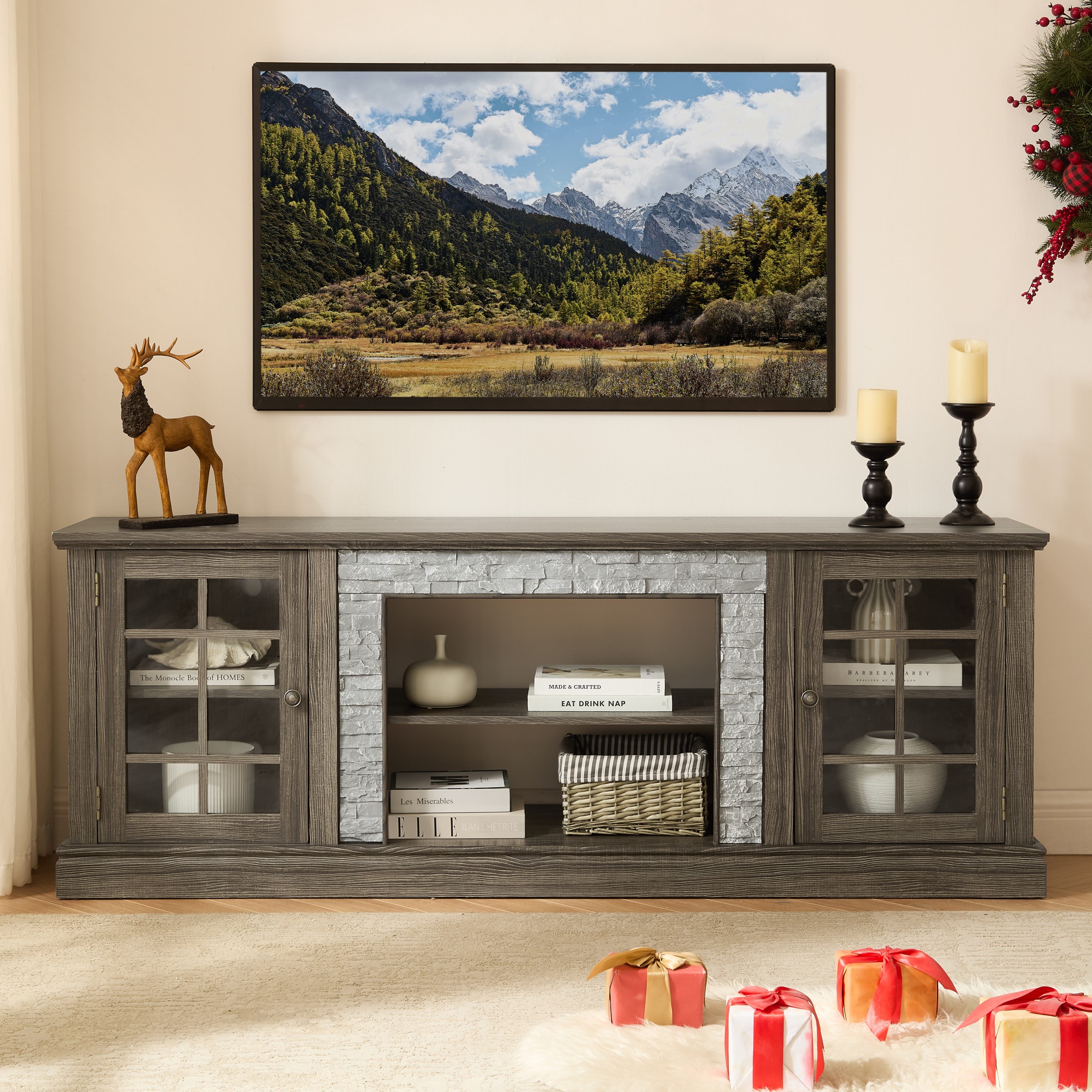 Sesslife TV Console Table for 70" TV, Farmhouse TV Stand with Faux ...