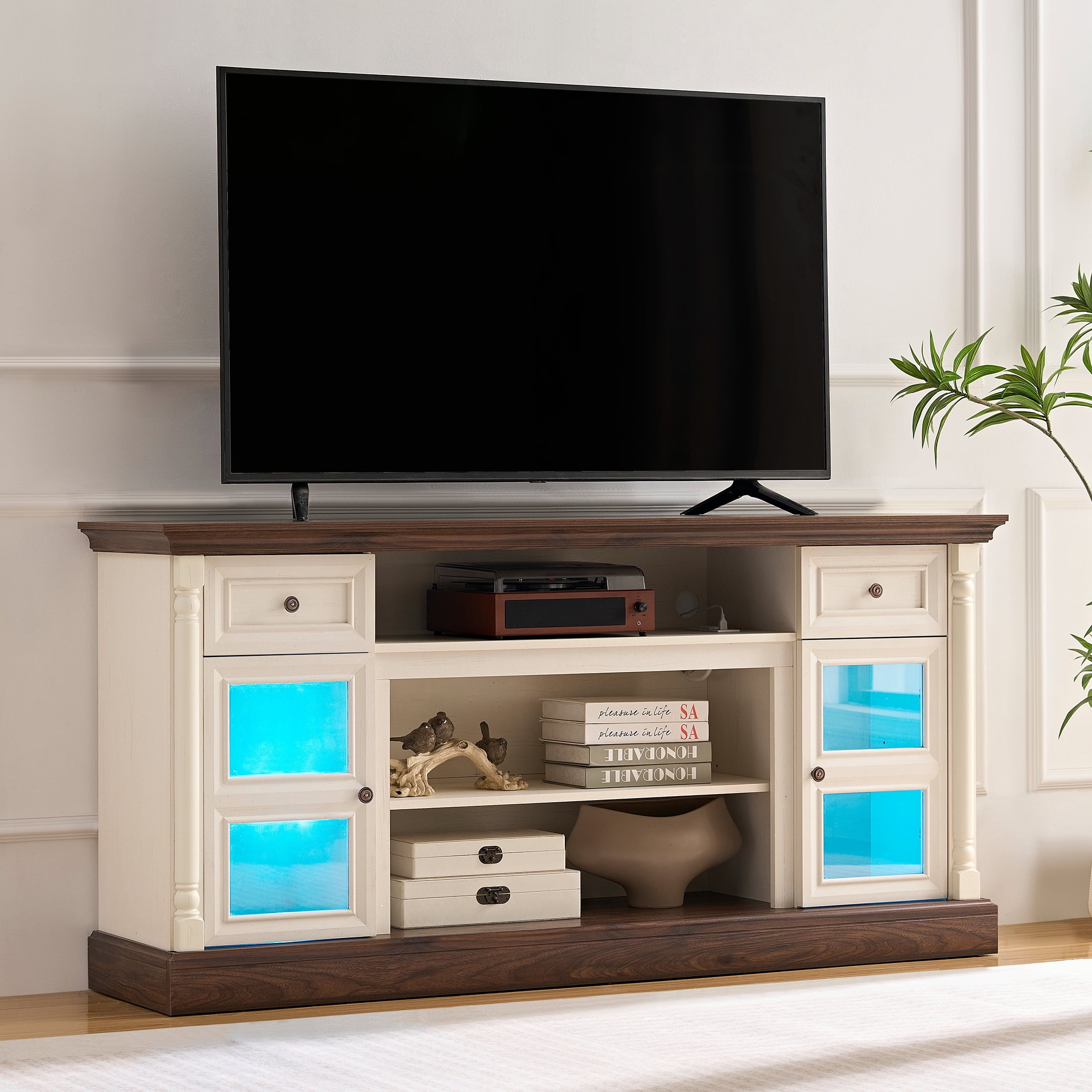 Sesslife TV Stand for TVs up to 70", Farmhouse LED Entertainment Center ...