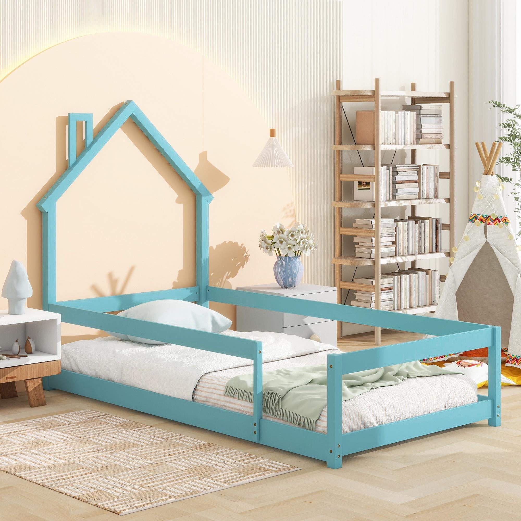 Sesslife Twin Size Floor Bed Frame with House-shaped Headboard, Wood ...
