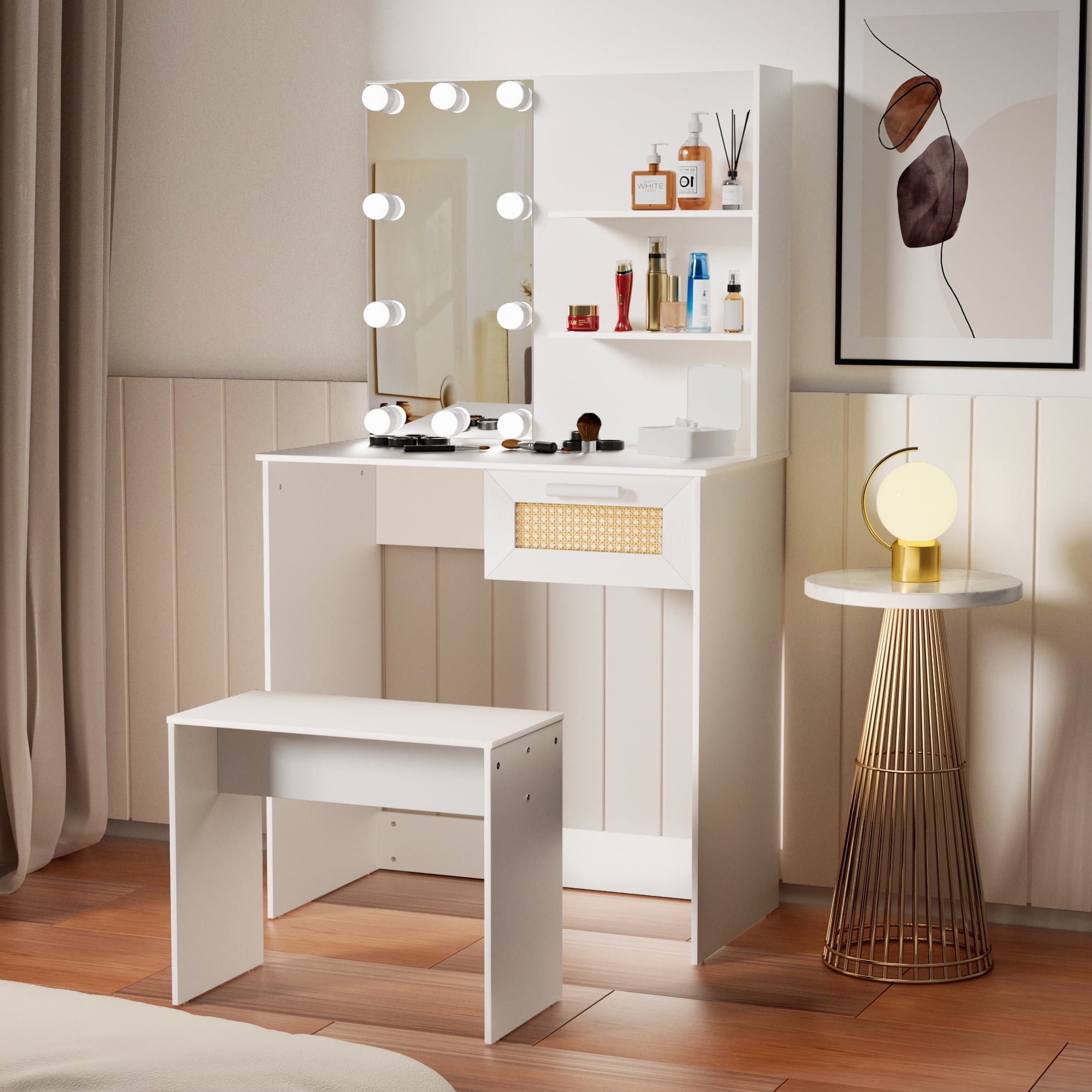 Sesslife Vanity Set with LED Lighted Mirror, Makeup Dressing Table with ...